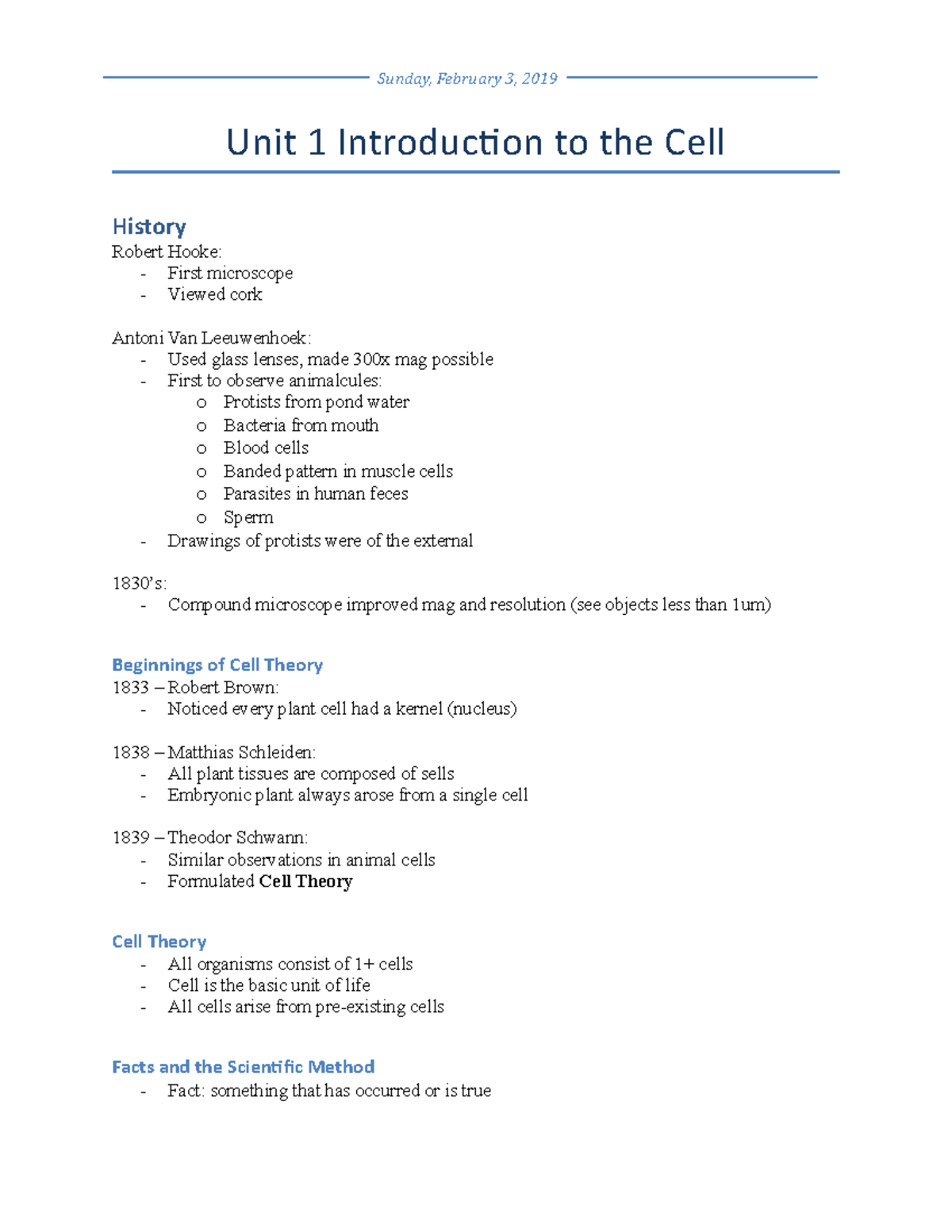 Unit 1 Introduction to the Cell Notes - Sunday, February 3, 2019 Unit 1 ...