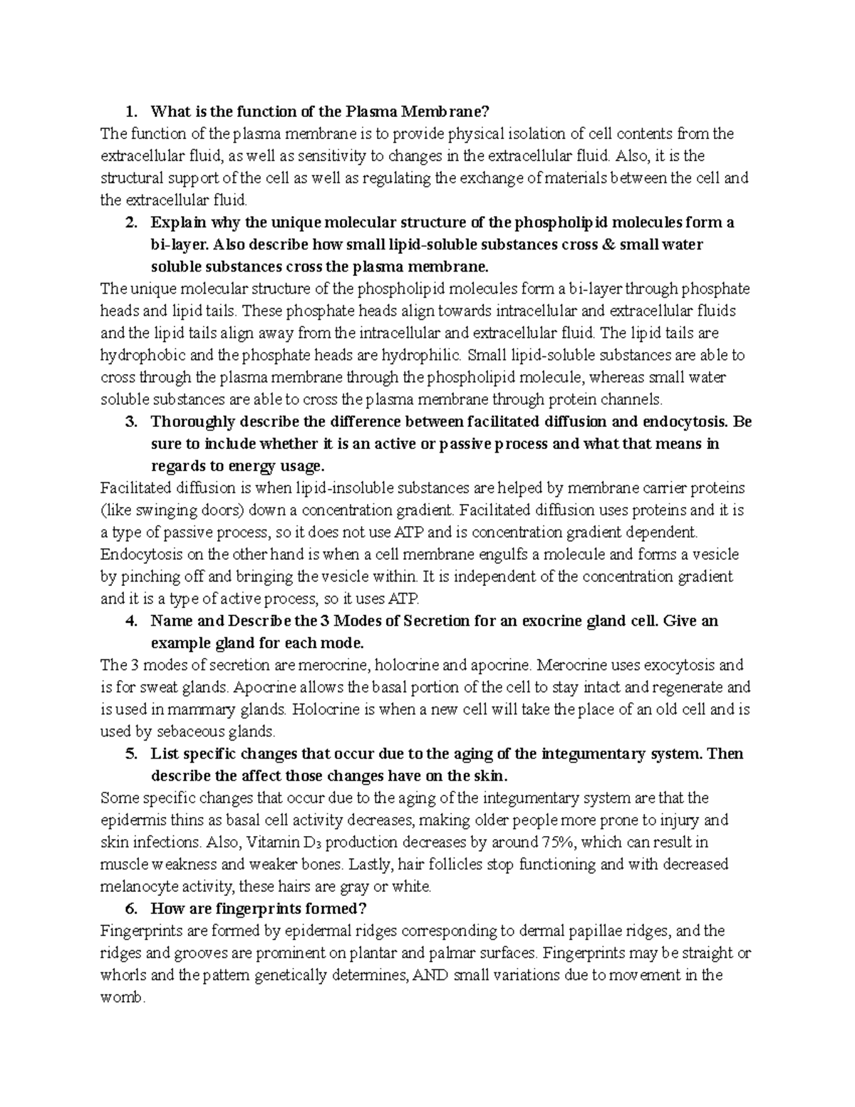 Exam 1 Possible Essay Questions 1 What Is The Function Of The Plasma