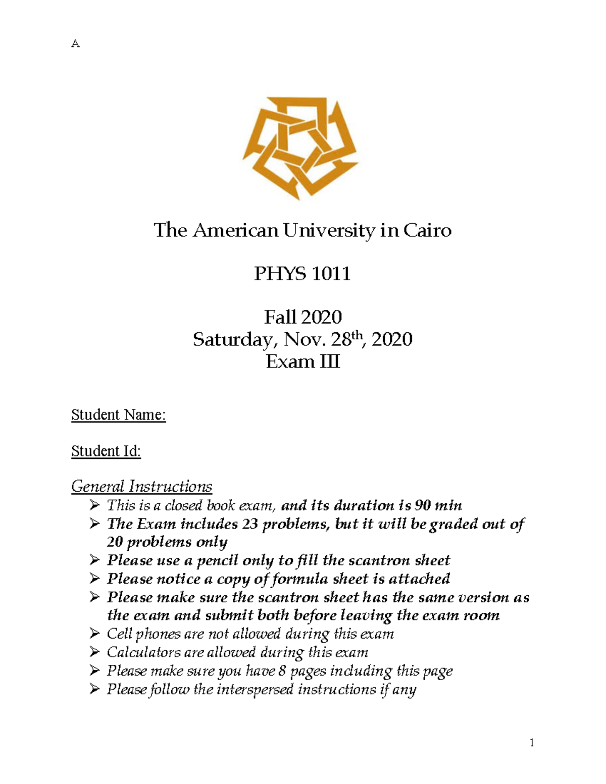 Previous MD3 Exams - A The American University in Cairo PHYS 1011 Fall ...