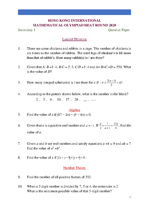 TIMO S1 Final (2019-2020) - SECONDARY 1 2019-2020 FINAL ROUND YTO MATHS CENTRE THAILAND - Studocu