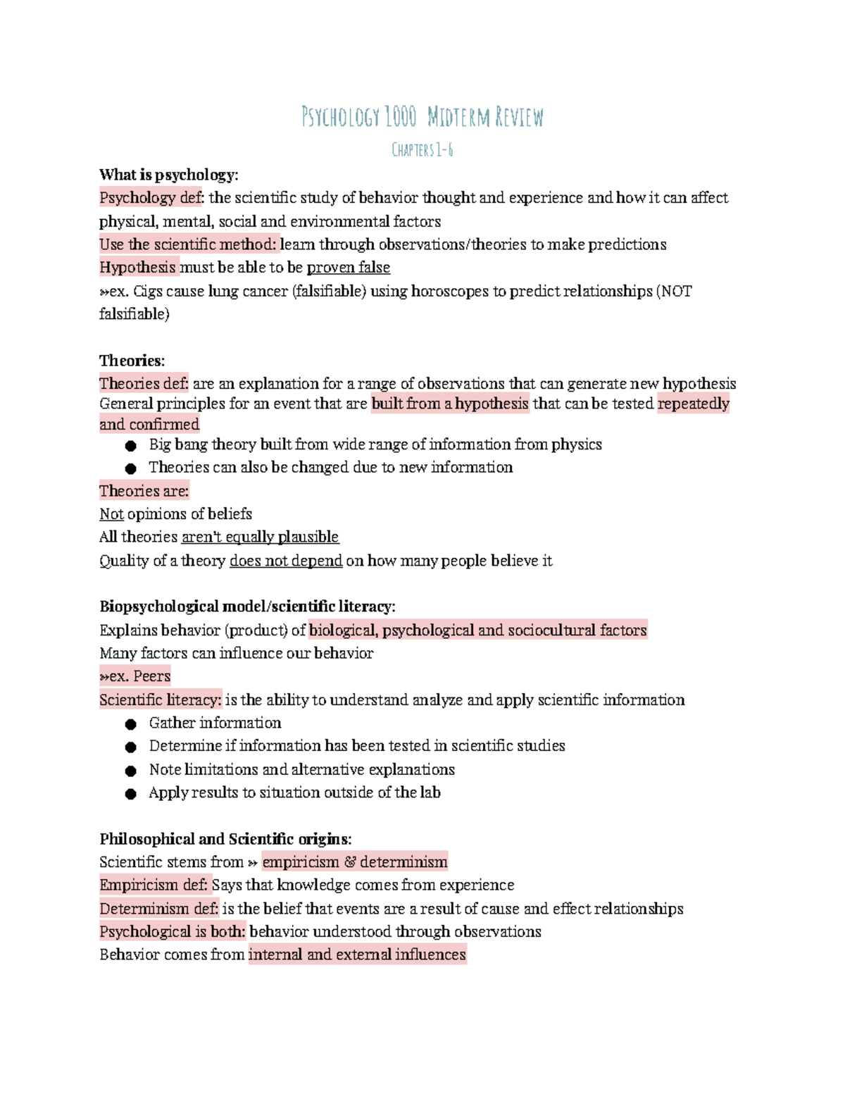 Psychology 1000 Midterm Review - Psychology 1000 Midterm Review ...