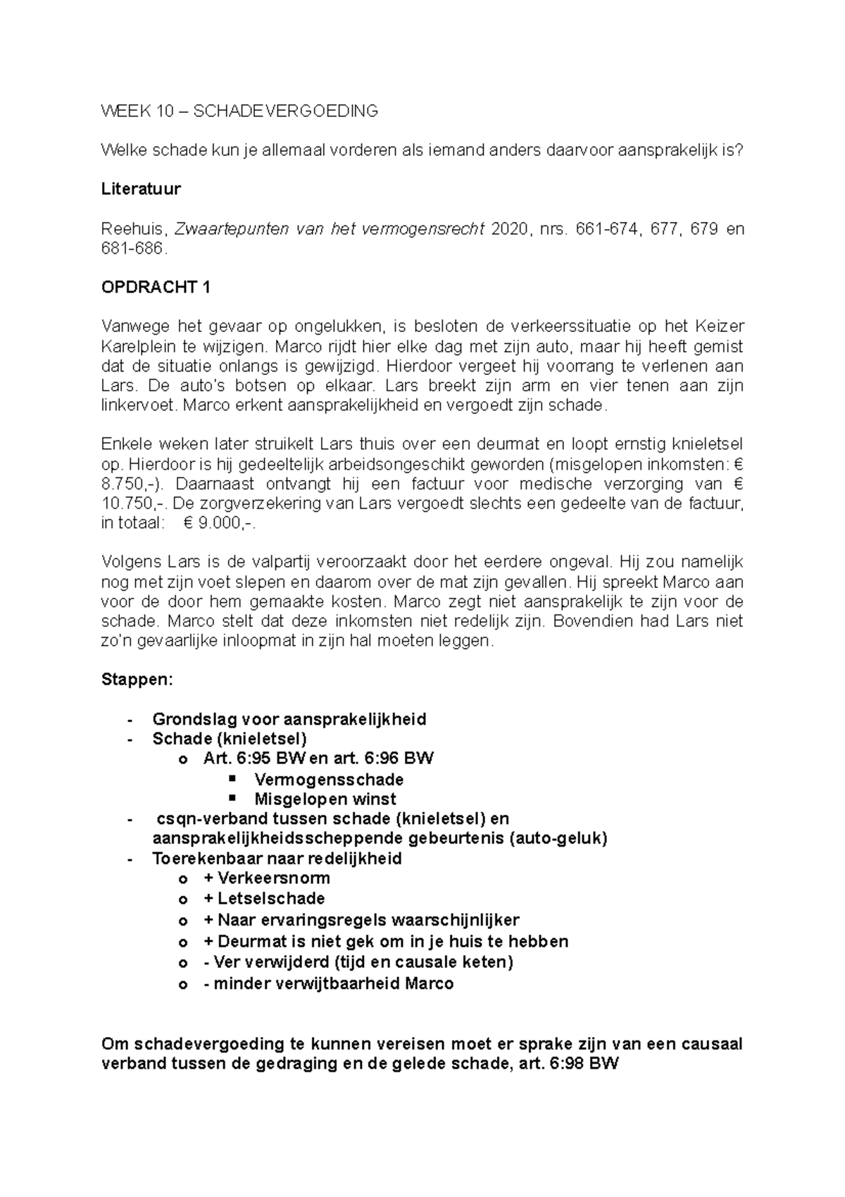 Opdrachten week 10 - eigen schuld en schadevergoeding - WEEK 10 ...