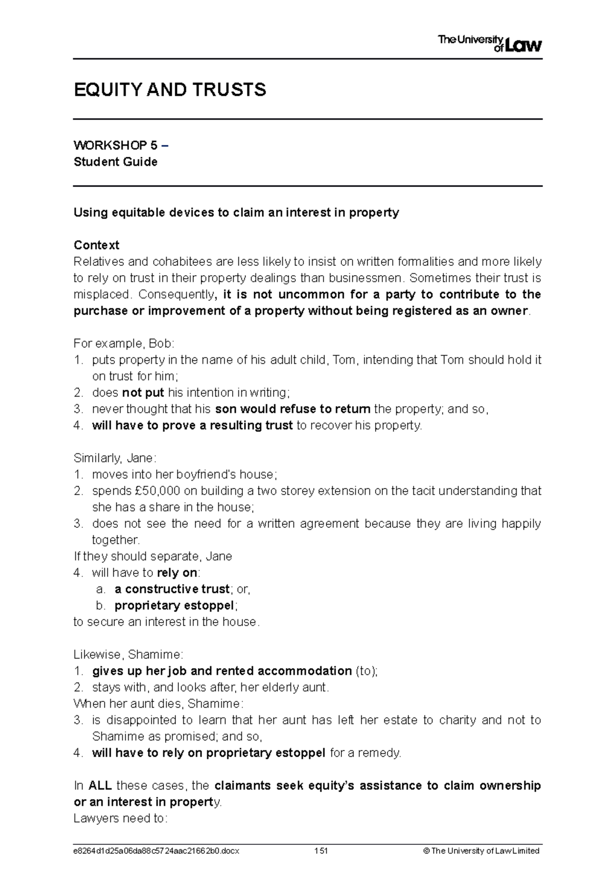Equity and trust workshop 5 - EQUITY AND TRUSTS WORKSHOP 5 – Student Guide Using equitable ...