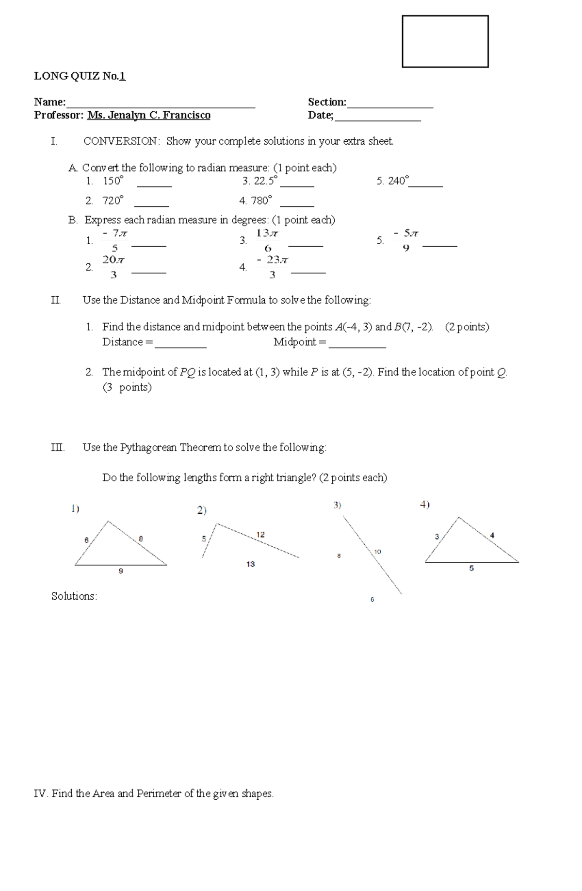 Revised quiz 1 idmath 2 - practice set - LONG QUIZ No. 1 Name