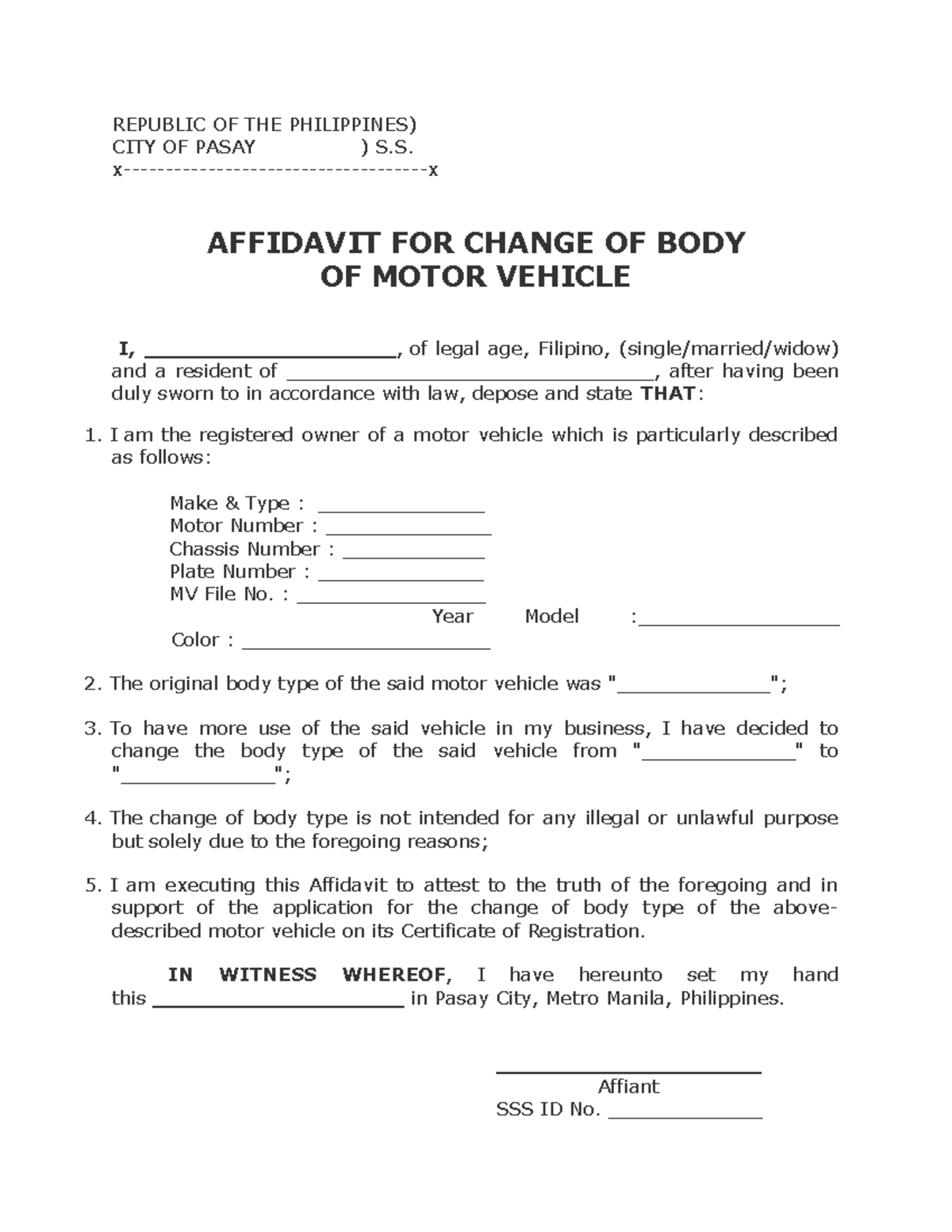 Affidavit FOR Change OF BODY OF Motor Vehicle - REPUBLIC OF THE ...