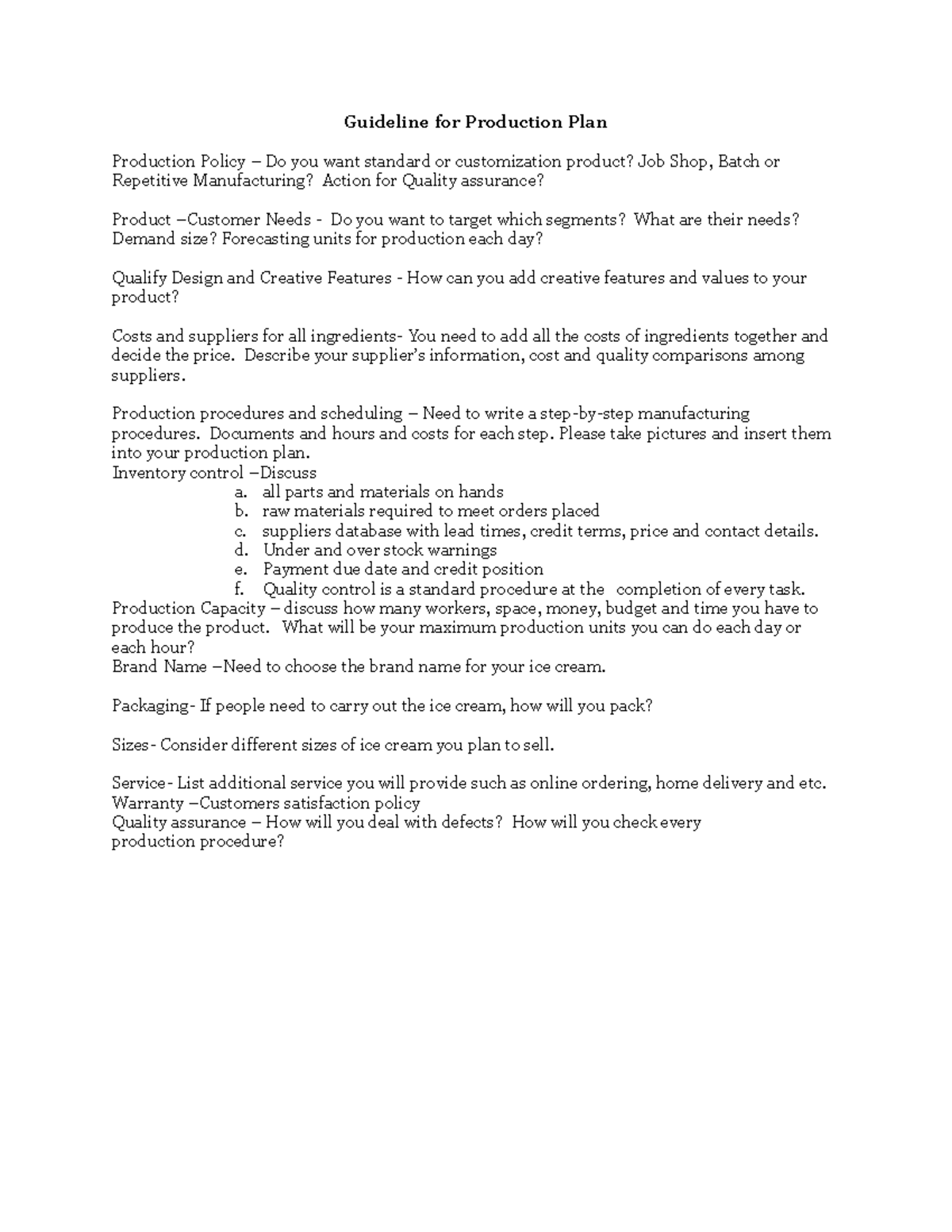 Guideline for Production Plan - Describe your information, cost and ...