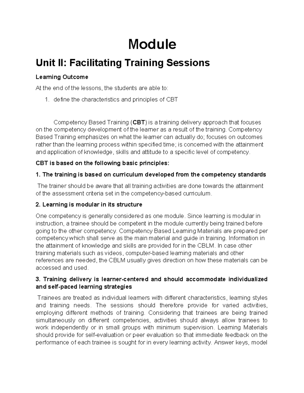 UNIT II Facilitating Traning Sessions Module - Module Unit II ...