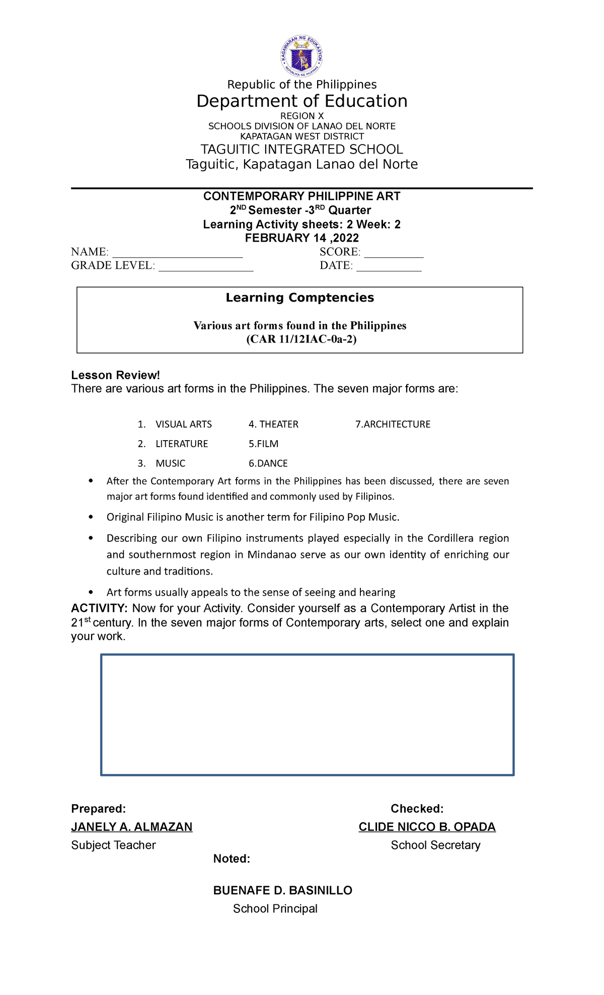 Activity sheet contemporary Philippine art - Republic of the ...