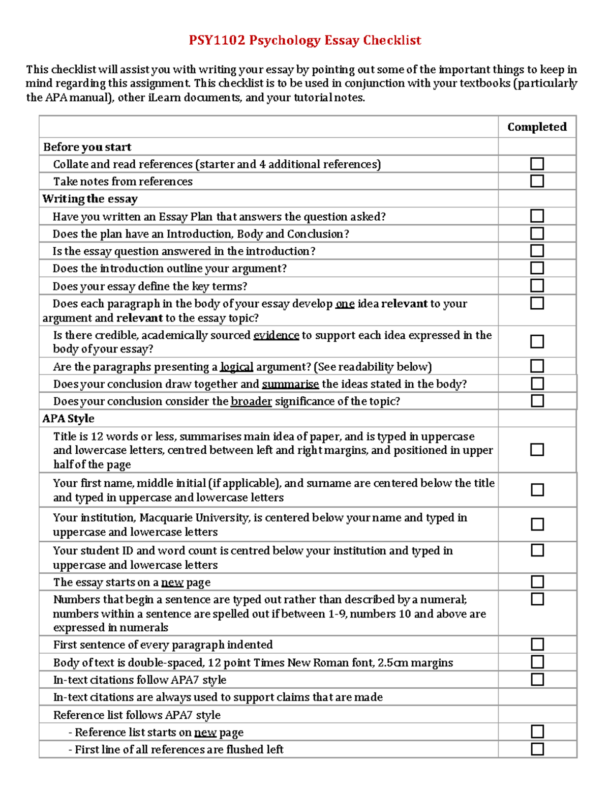 Essay Checklist - make sure you download and use me - PSY1102 ...