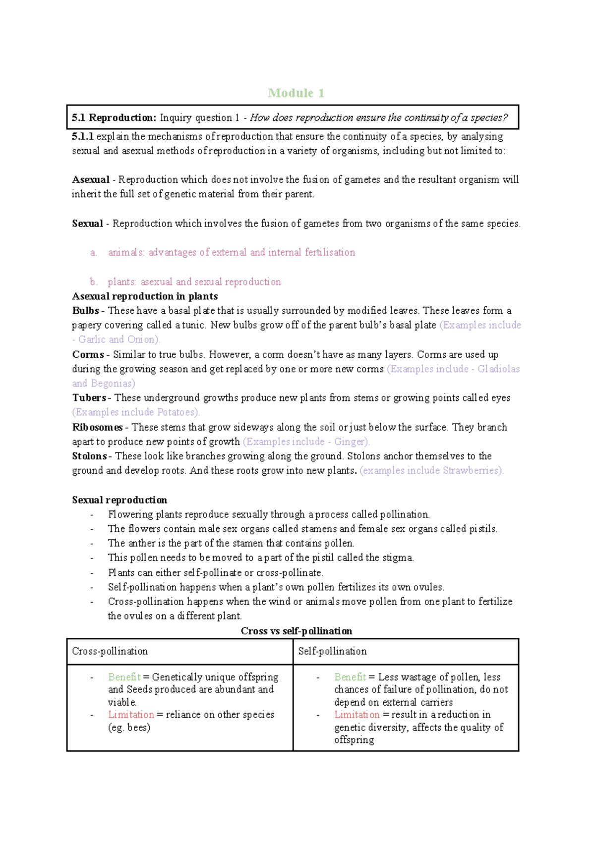 Year 12 bio notes - Module 1 5 Reproduction: Inquiry question 1 - How ...