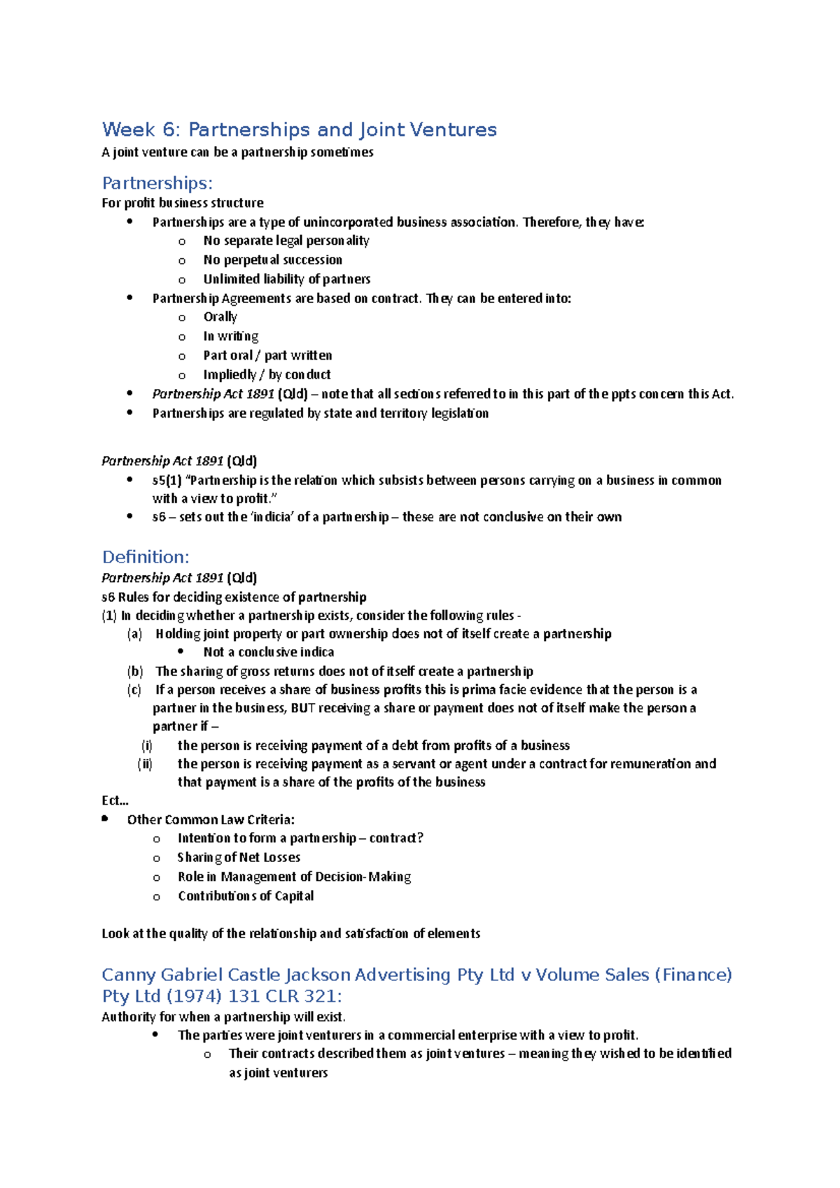 Exam weekly notes - Week 6: Partnerships and Joint Ventures A joint ...