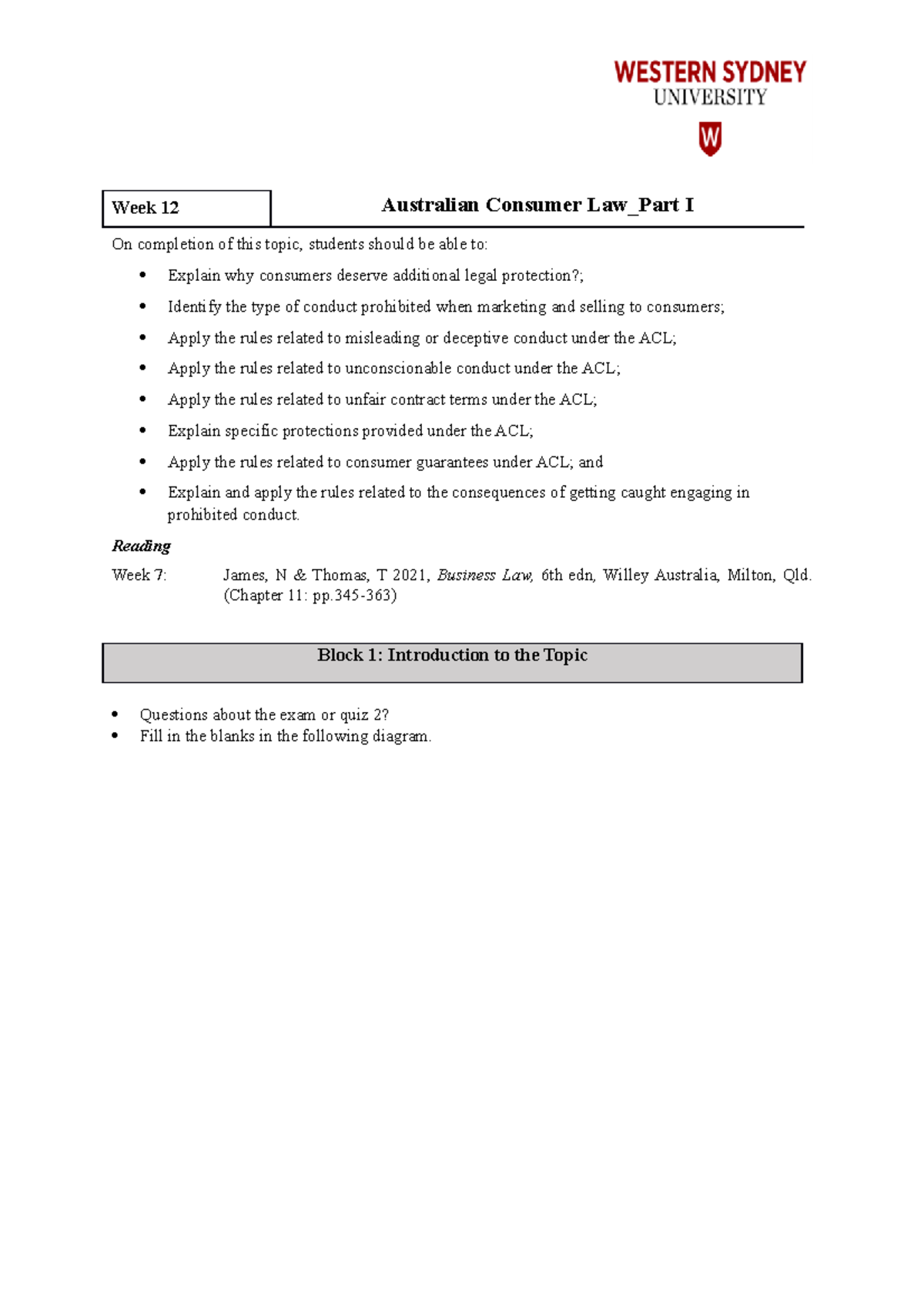 LAWS1001 Week 12 Tutorial Guide - Week 12 Australian Consumer Law_Part I On completion of this ...