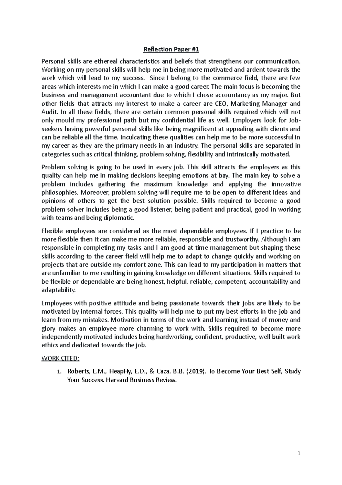 ADMS 2400 A, Reflection Paper #1 - Reflection Paper Personal skills are ...