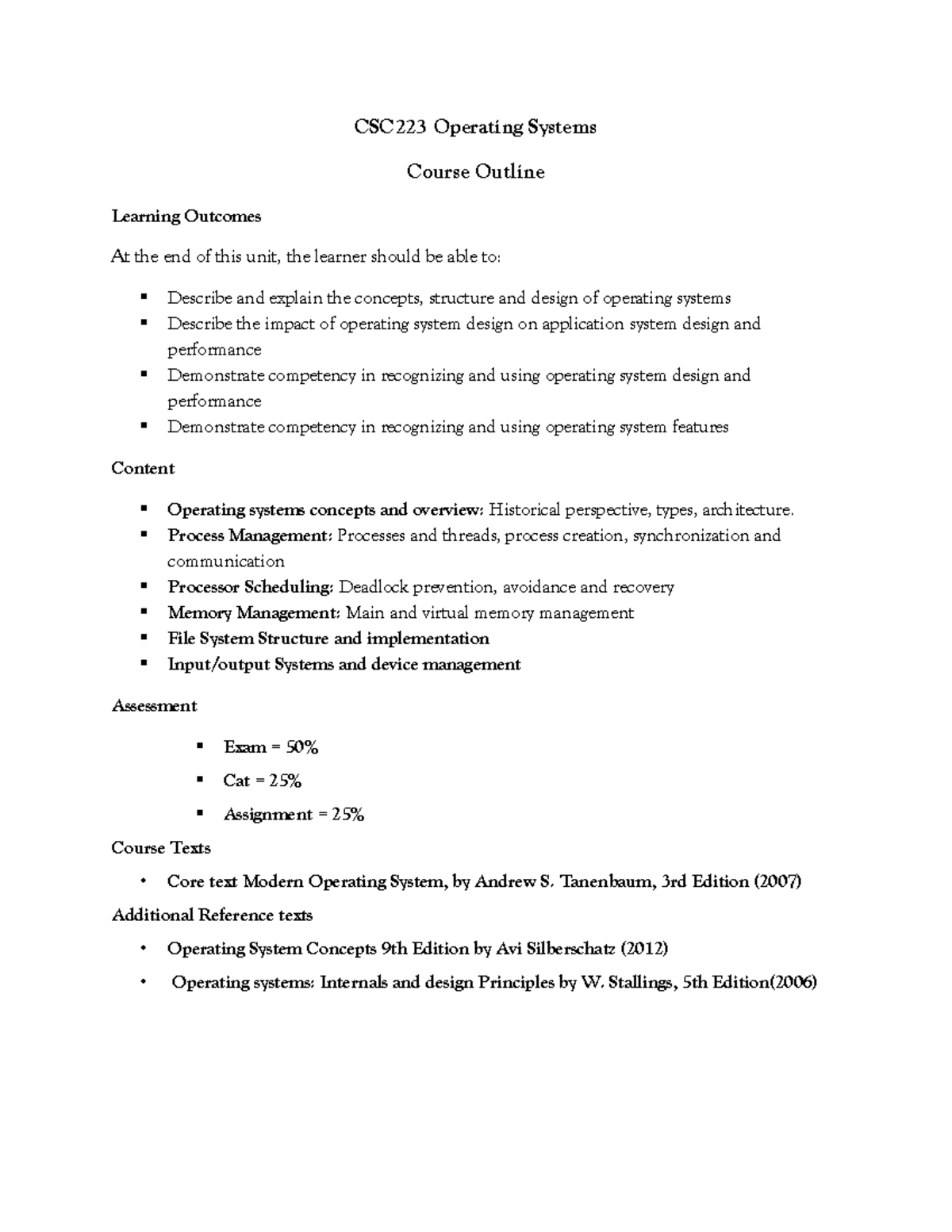 Computer science - CSC223 Operating Systems Course Outline Learning ...