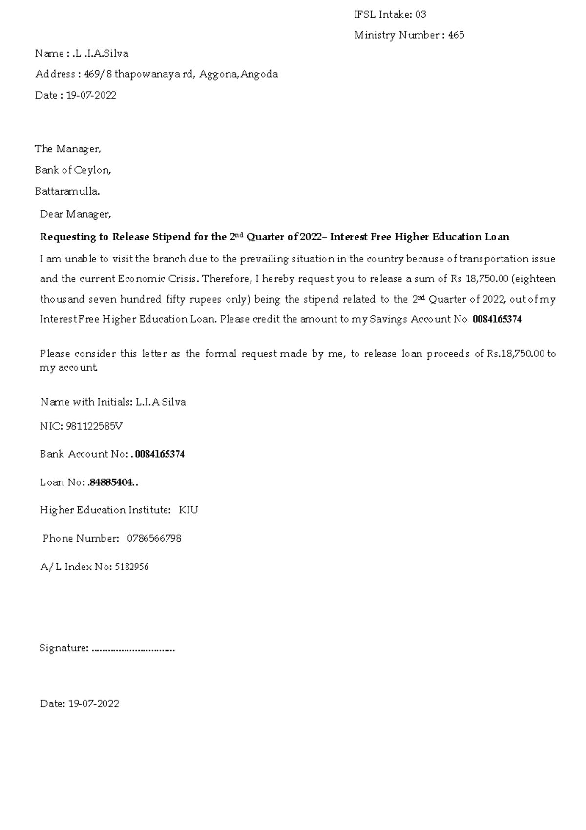 Stipend Letter format 2nd Quarter 2022 - IFSL Intake: 03 Ministry ...