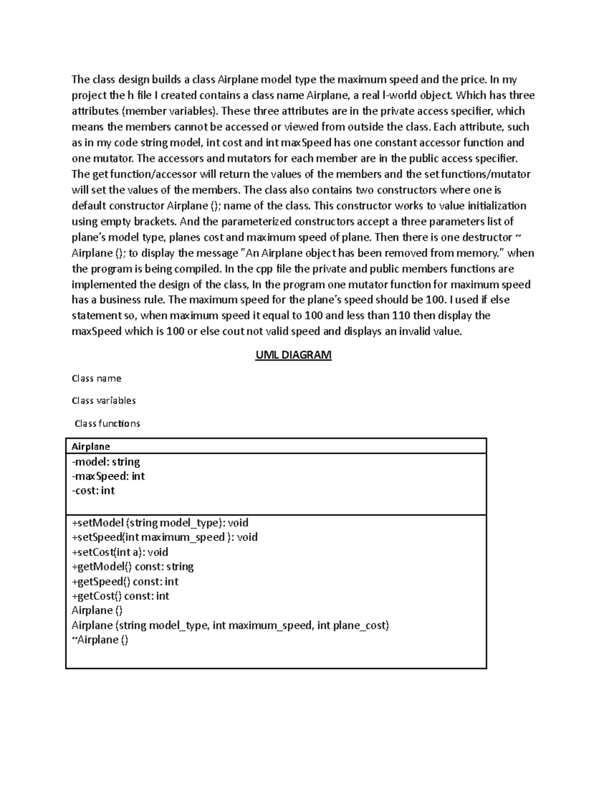 Description and UML diagram - The class design builds a class Airplane ...