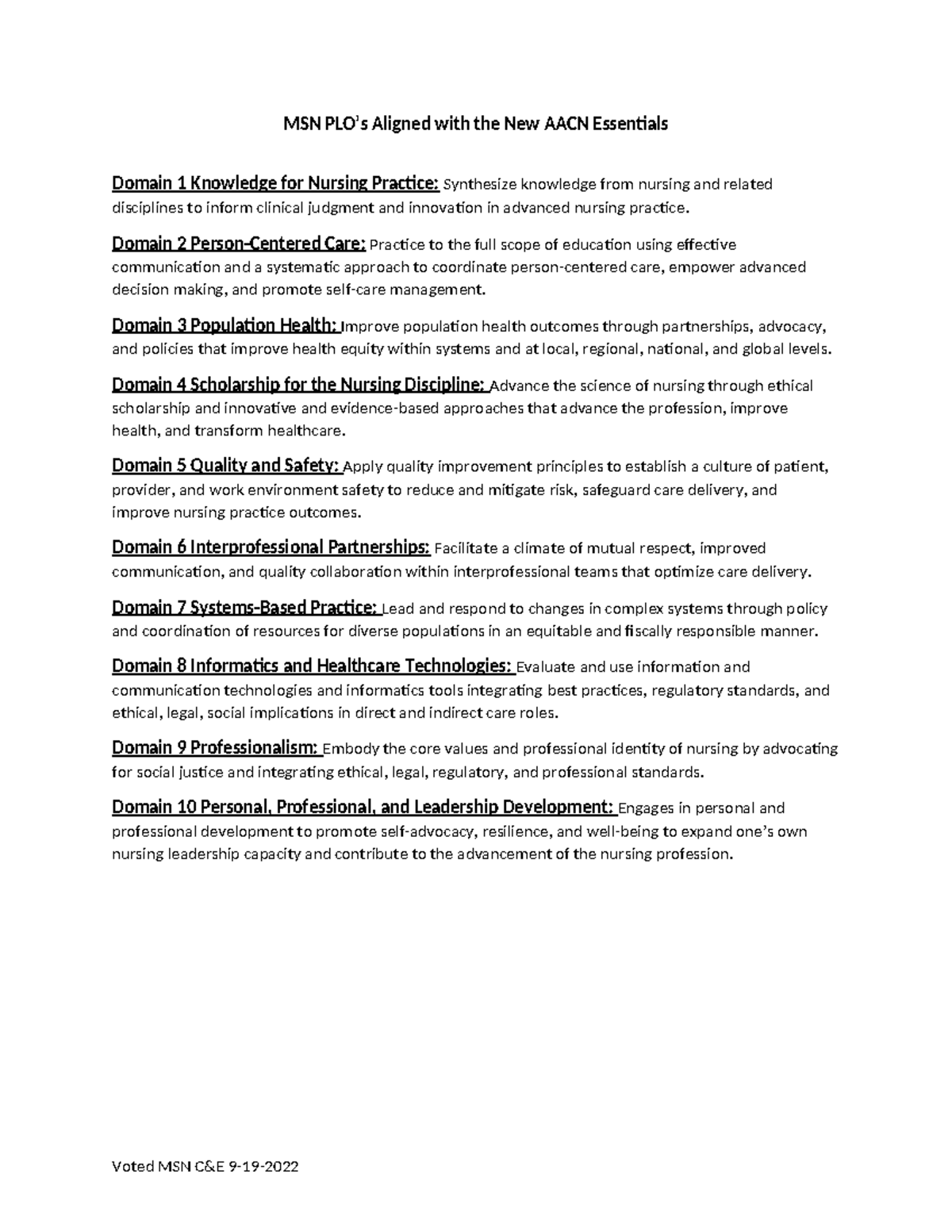 Program Outcomes FNP - MSN PLO’s Aligned with the New AACN Essentials ...