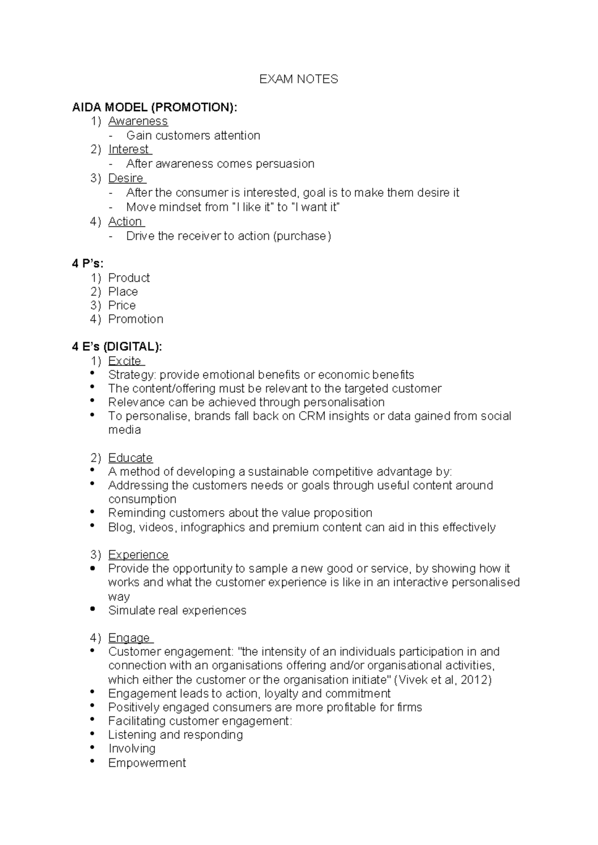 EXAM Notes - EXAM NOTES AIDA MODEL (PROMOTION): 1) Awareness - Gain ...