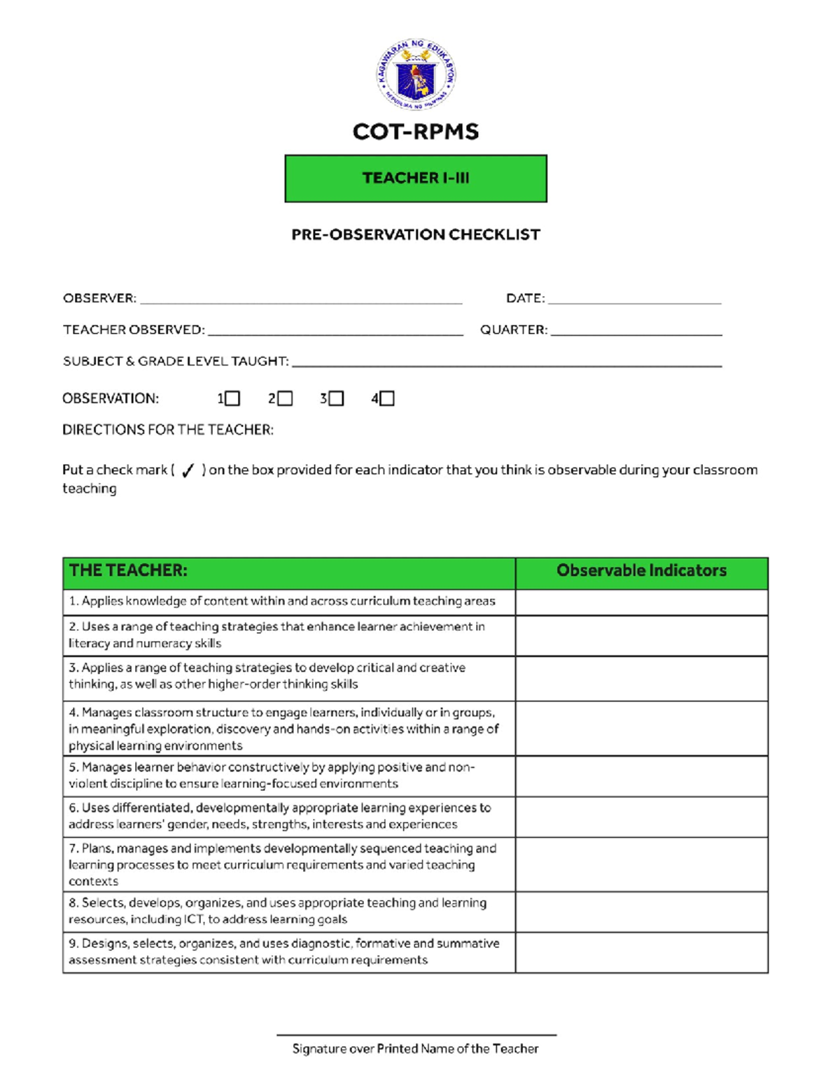 Cot forms pre observation - NG GREAT REPUBLINA NG PLUS TEACHER ...