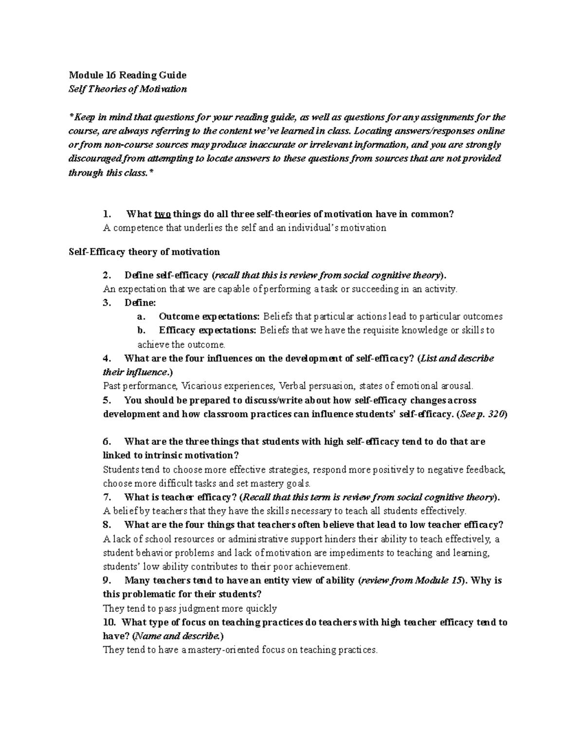 Module 16 Reading Guide - Module 16 Reading Guide Self Theories of Motivation Keep in mind that ...