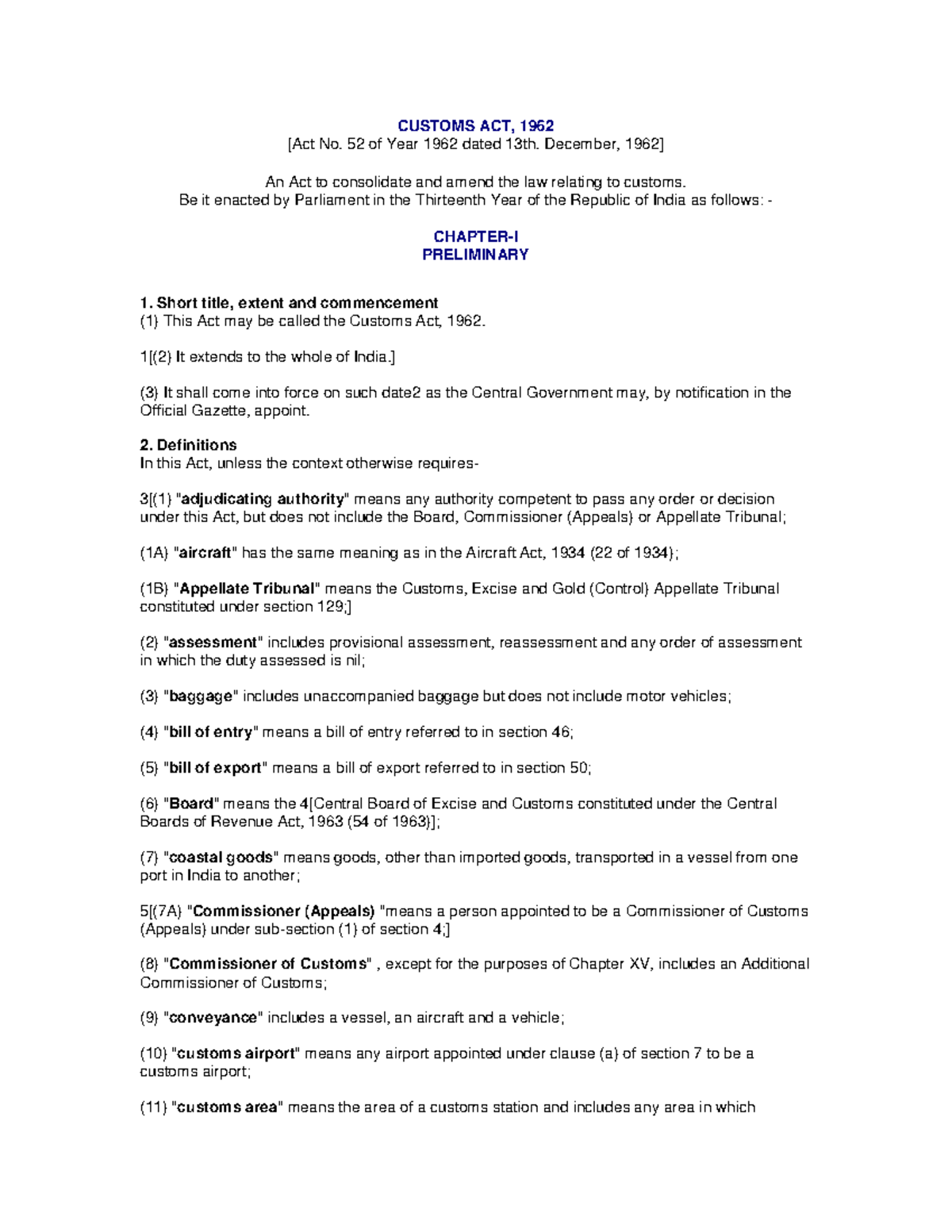 Customs ACT 1962 - CUSTOMS ACT, 1962 [Act No. 52 of Year 1962 dated ...