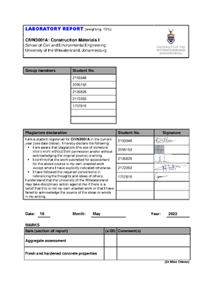 Construction materials lab 1 - LABORATORY REPORT (weighting: 15% ...