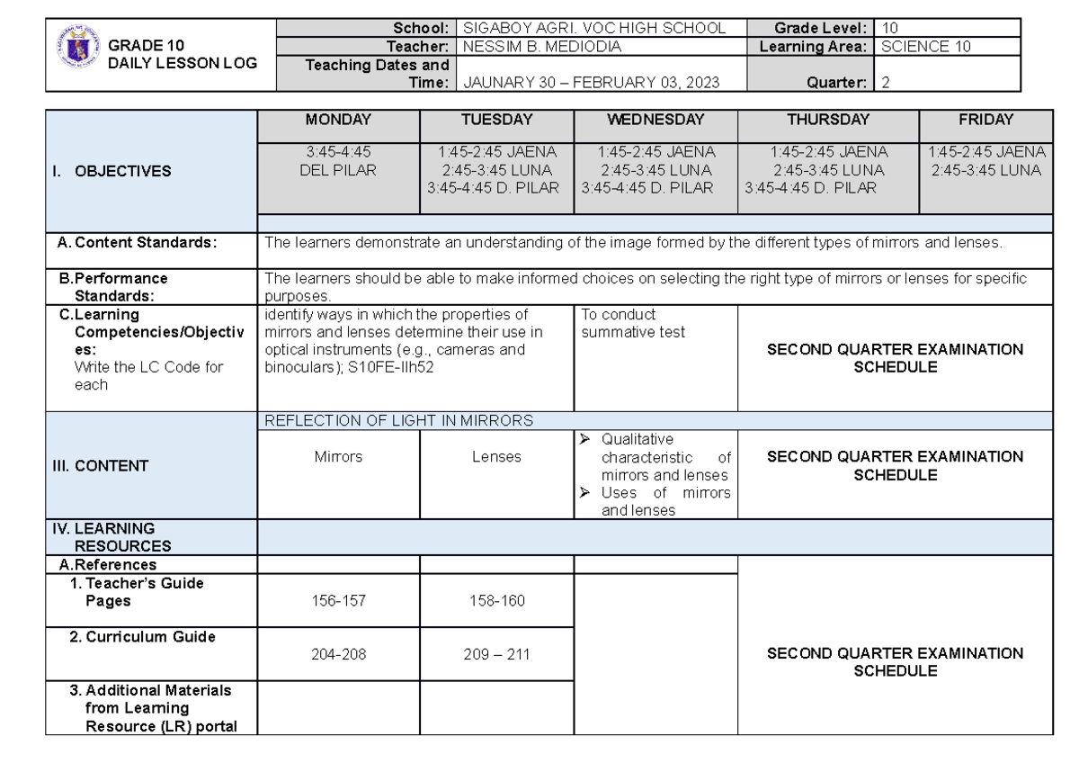 Science 10 DLL January 30 February 032023 - GRADE 10 DAILY LESSON LOG ...