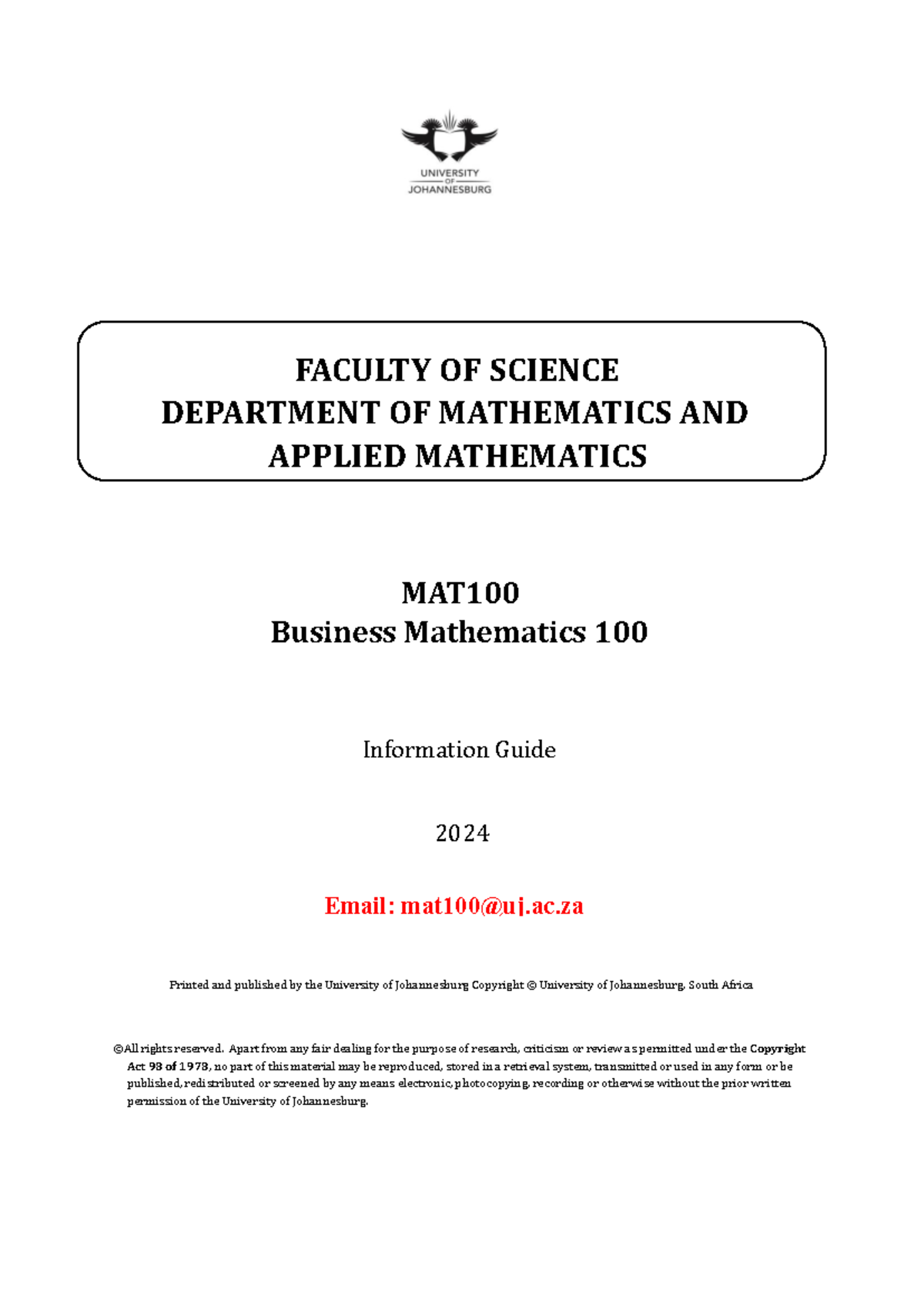 MAT100 Updated LG - past paper - FACULTY OF SCIENCE DEPARTMENT OF ...