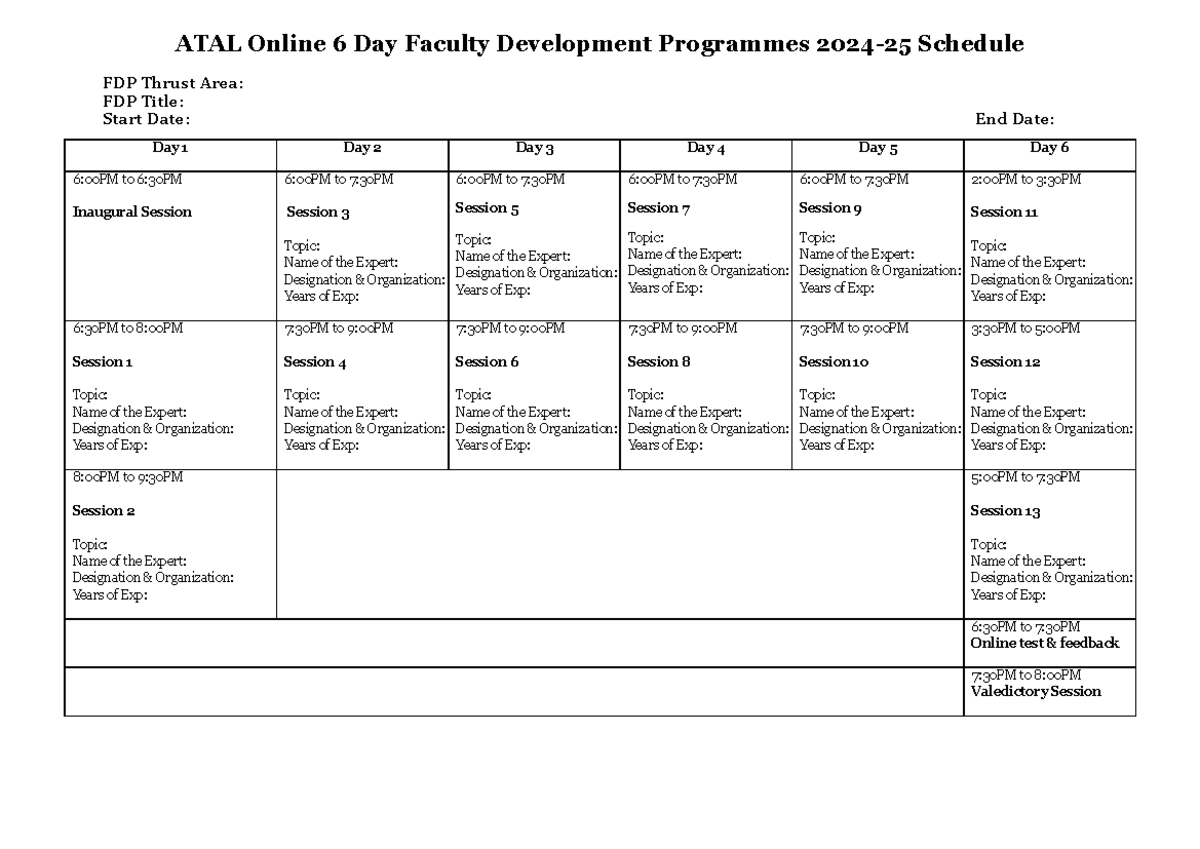 Online FDP Schdule - Notes - ATAL Online 6 Day Faculty Development ...