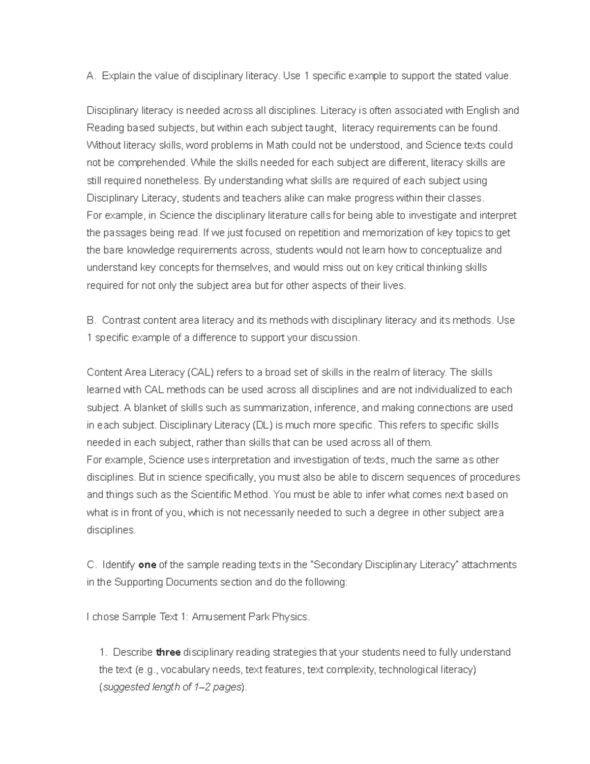 Task 1- Seconary Disciplinary Literacy - A. Explain the value of ...