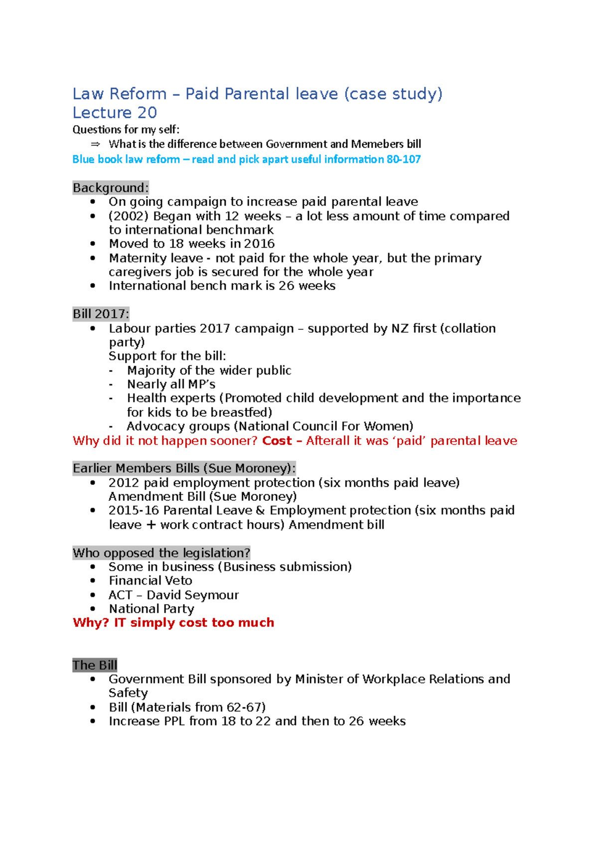 Law refrom - Short summary - Law Reform – Paid Parental leave (case ...