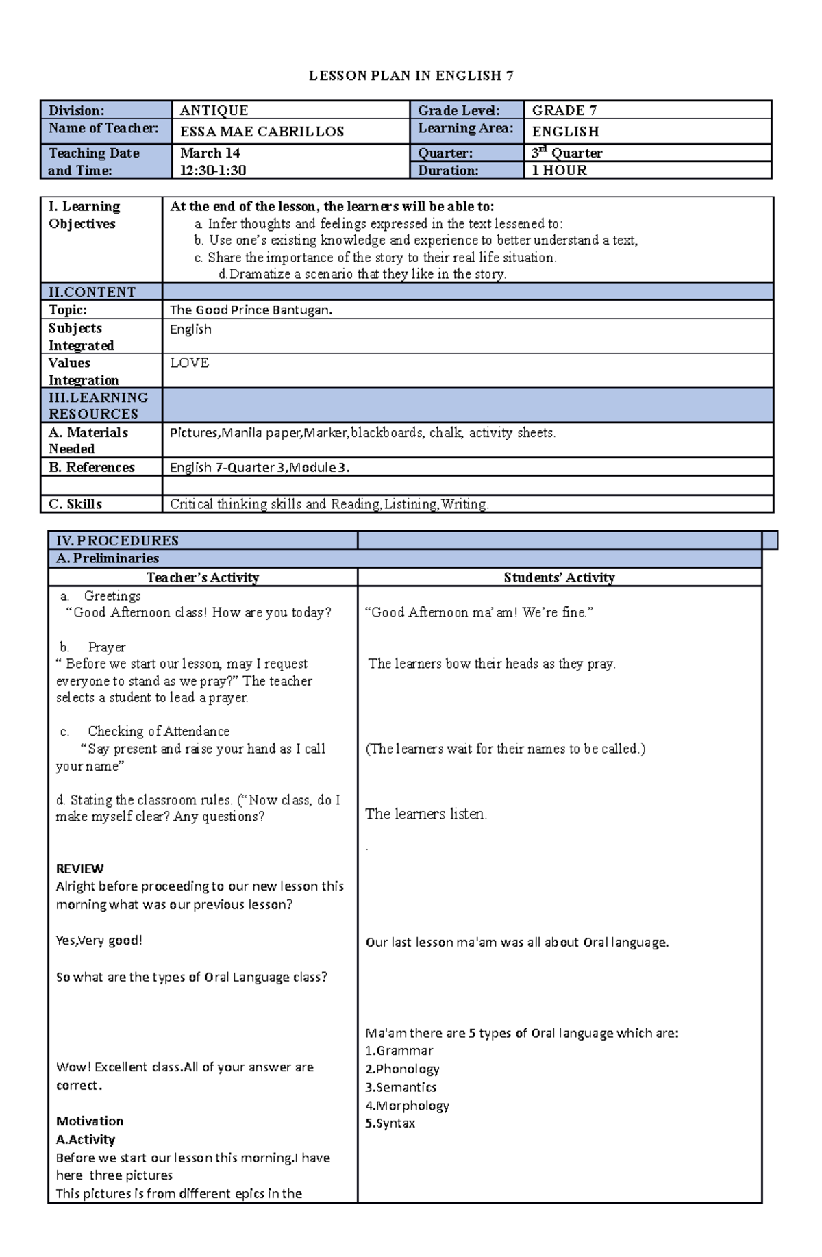 Final Lesson PLAN IN English 7-THE GOOD Prince OF Bantugan - LESSON ...