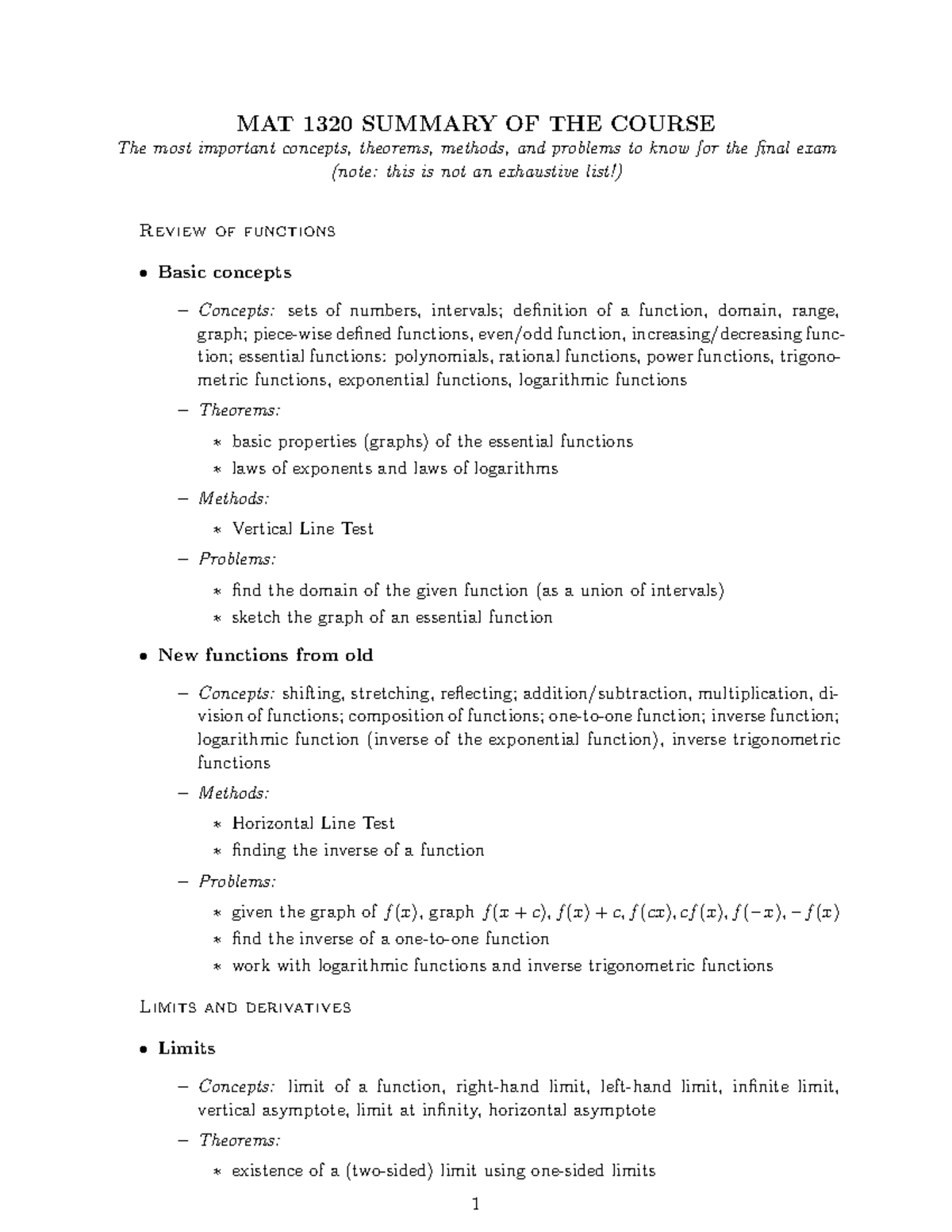 Review Sheet - MAT 1320 SUMMARY OF THE COURSE The most important ...