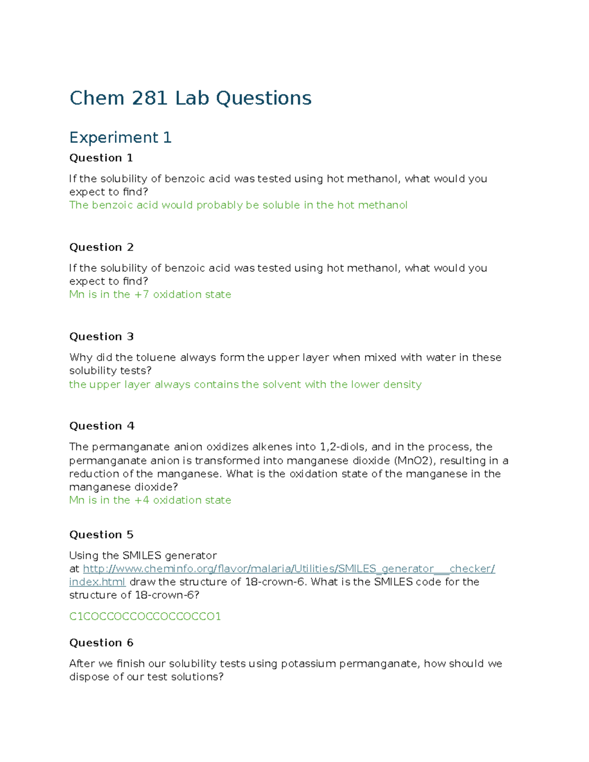 CHEM 281-Experiment 1 - Labs - Experiment 1 - Chem 281 Lab Questions ...