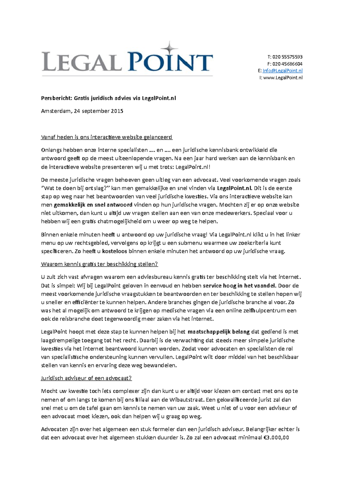 Verplichte opgaven - Persbericht opstellen voorbeeld - T: 020 F: 020 ...