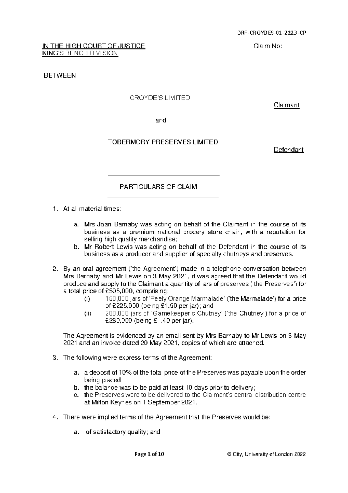 DRF- Croyde-03-2223-Suggested Draft - IN THE HIGH COURT OF JUSTICE ...