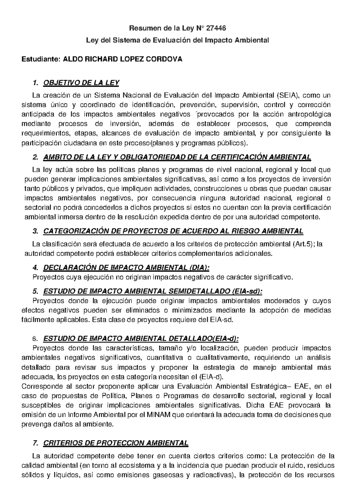 Resumen Ley N° 27446 Ley del SEIA-Aldo Lopez Cordova - Resumen de la ...