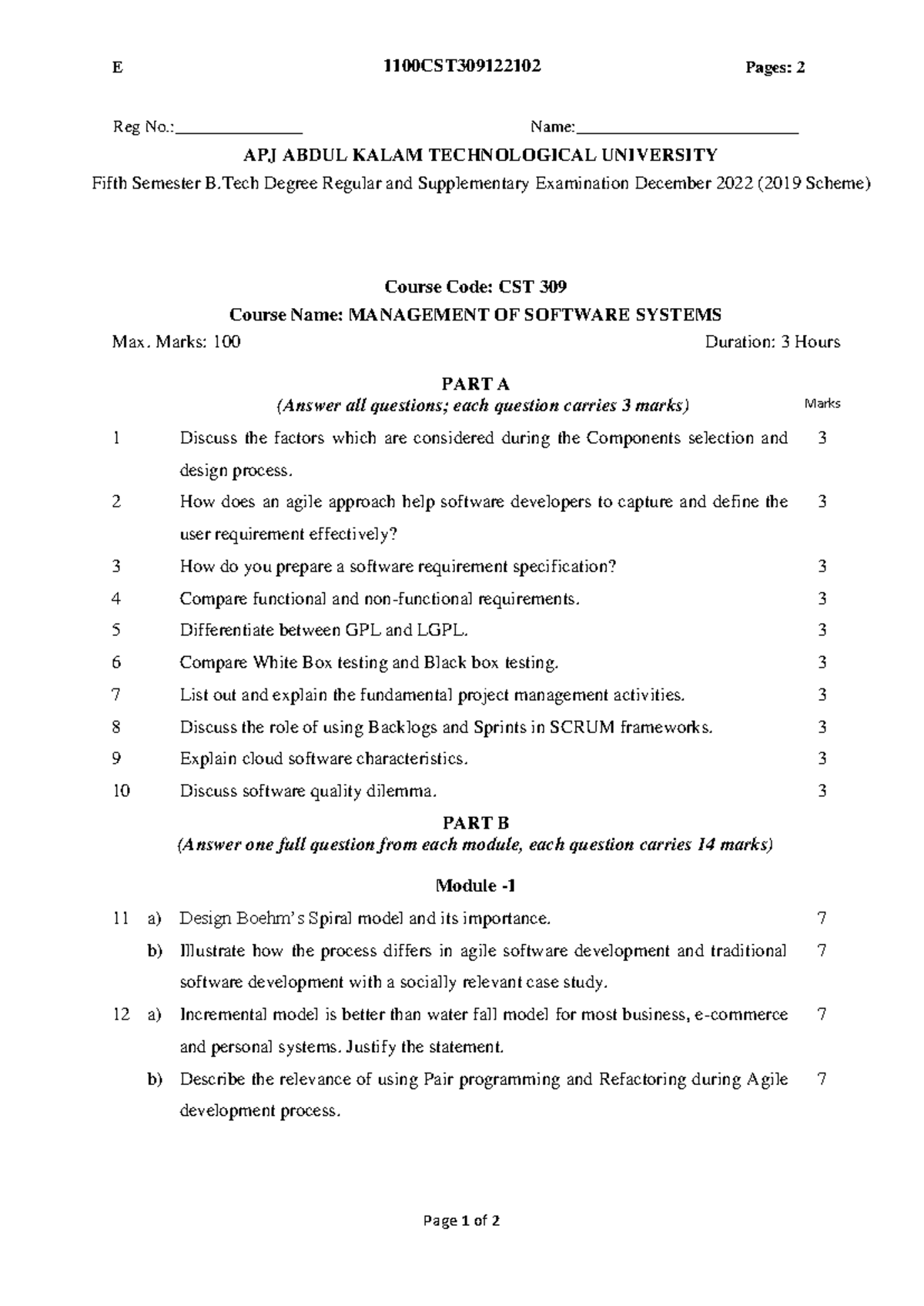 Cst309 B Question Paper Of Cst 309 1100cst30912210 2 Page 1 Of 2 Course Code Cst 30 9