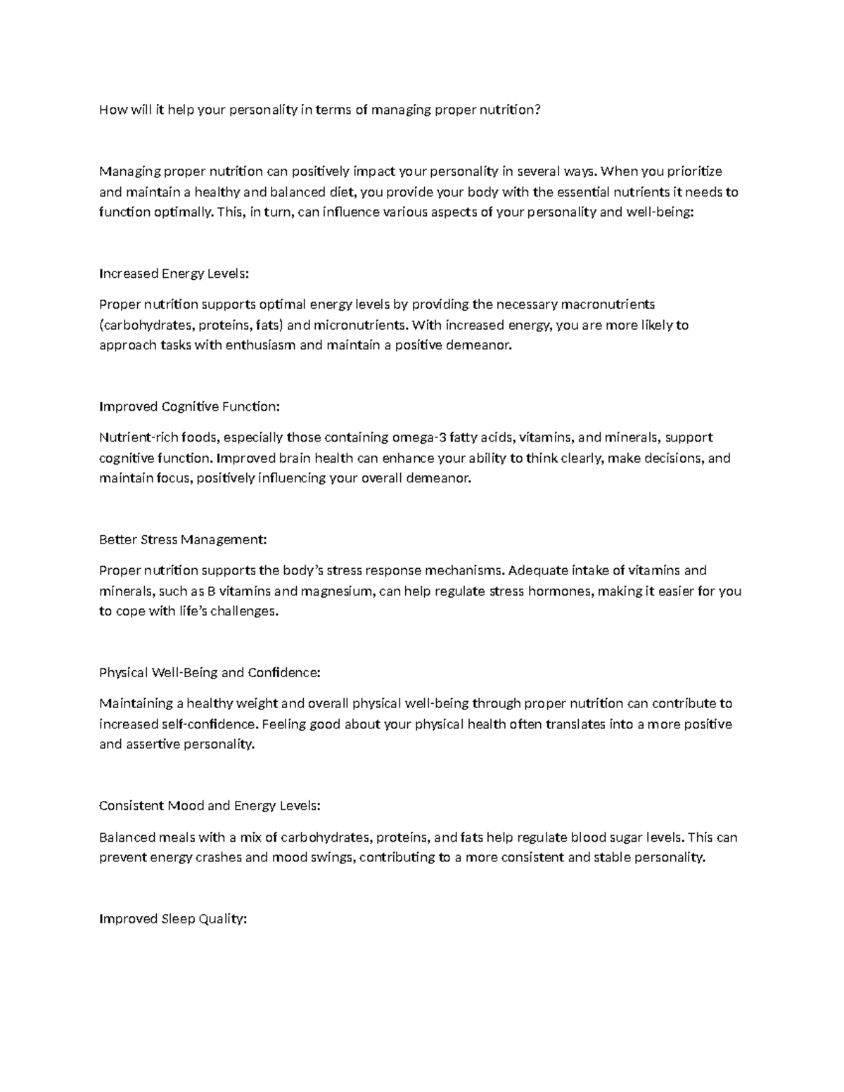 Notes - Nutrition - How will it help your personality in terms of ...