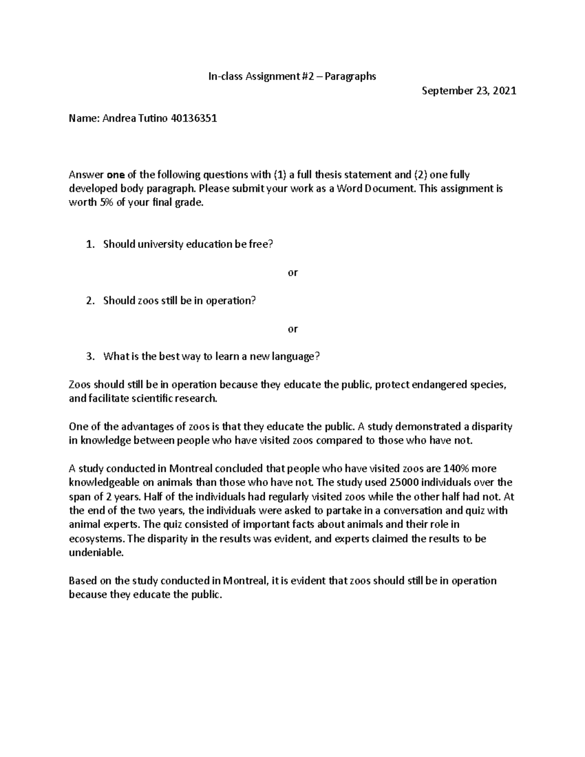 Quiz #2 - Paragraphs - In-class Assignment #2 – Paragraphs September 23 ...
