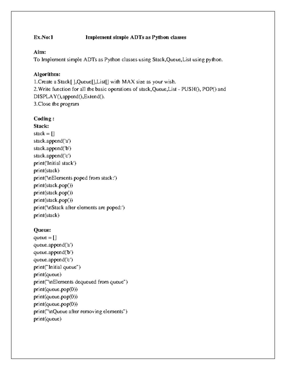 Ad3271 - final copy - Good - Ex:1 Implement simple ADTs as Python classes Aim: To Implement ...