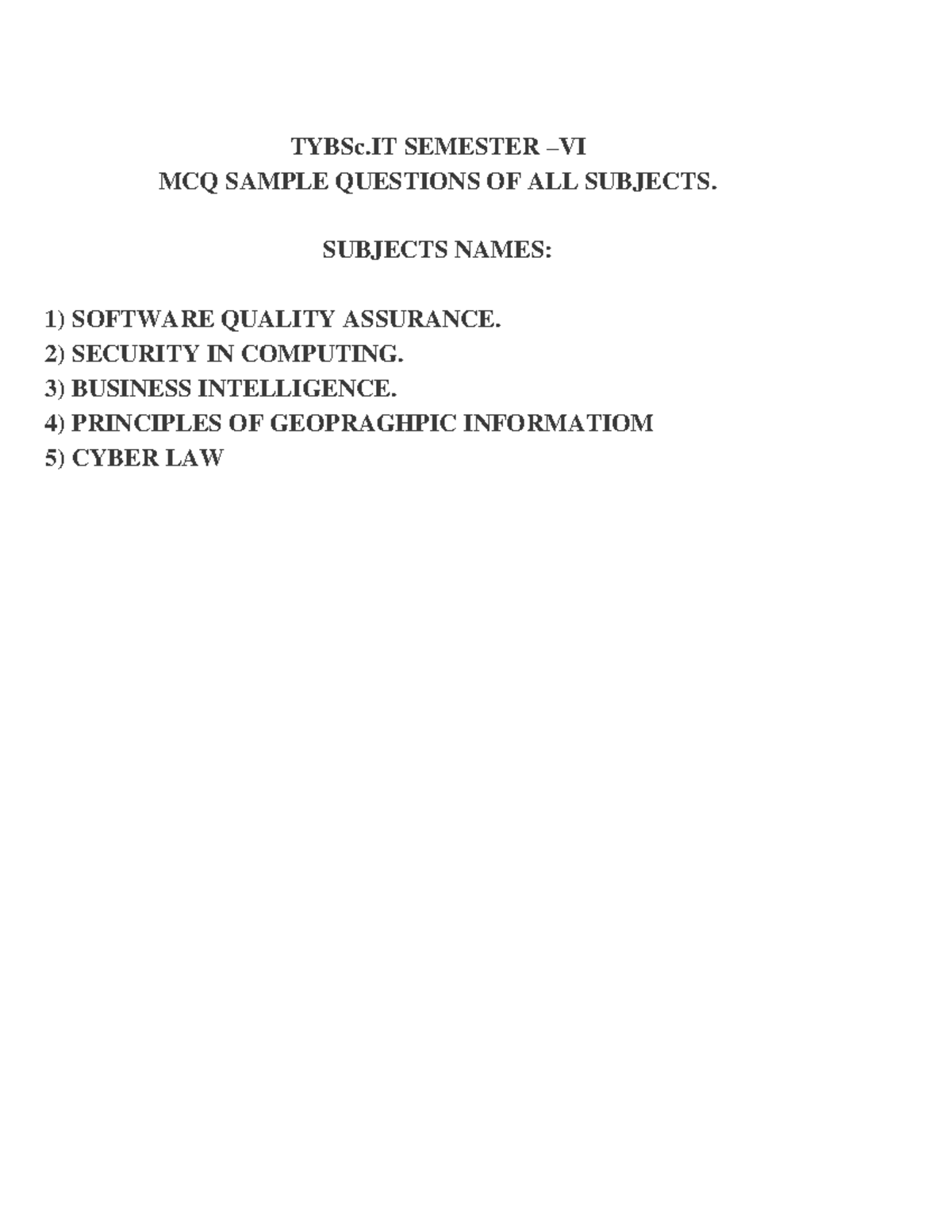 Tybscit Sem Vi Sample Papers Tybsc Semester Vi Mcq Sample Questions