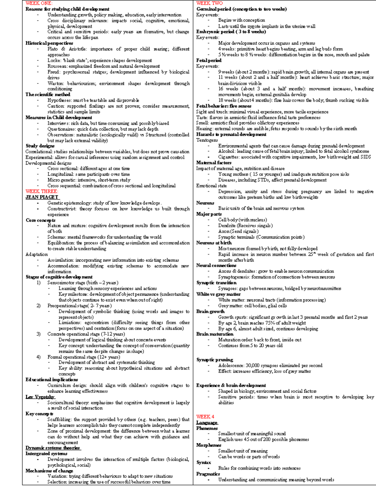 Cheet Sheet 1 - WEEK ONE: Reasons for studying child development - Understanding growth, policy ...