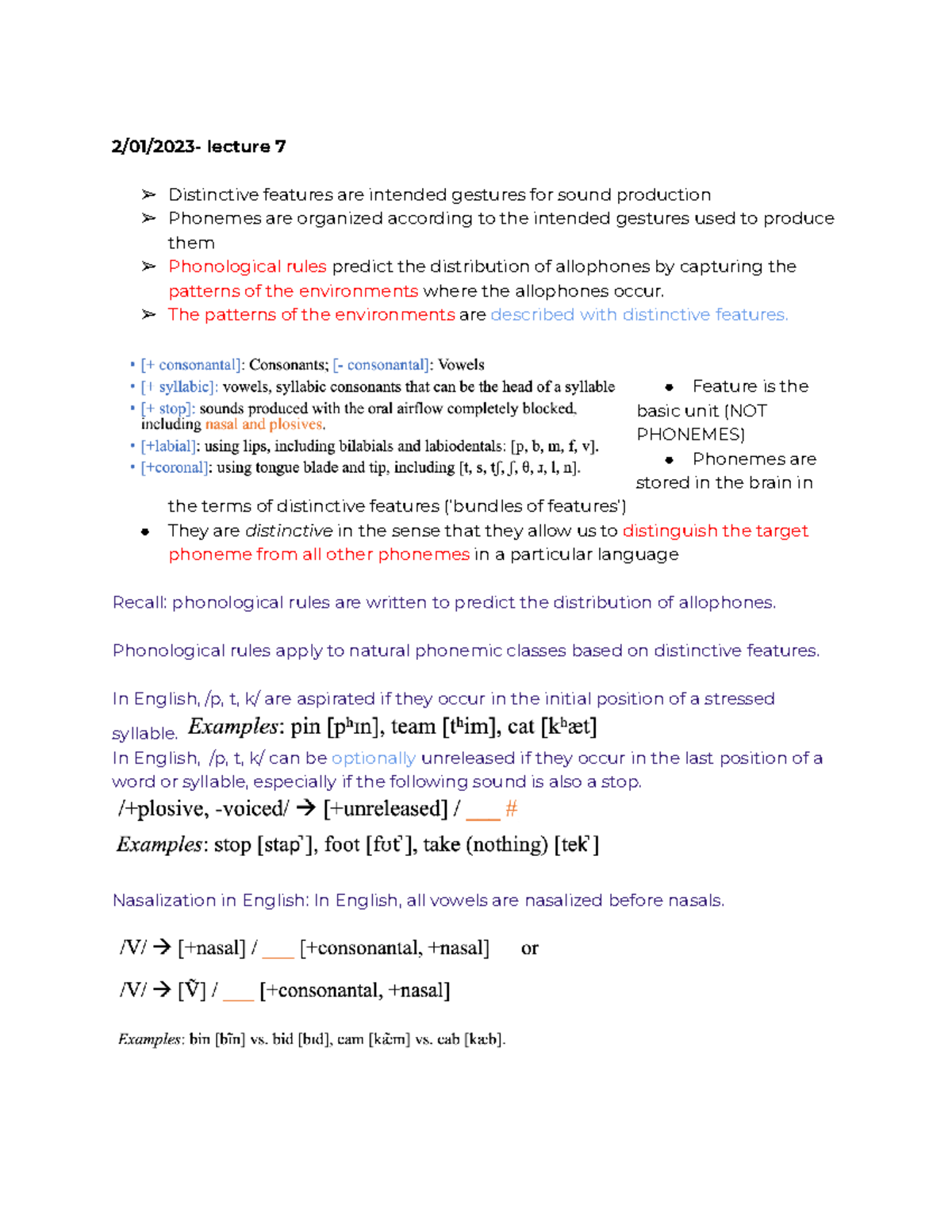 Lin 401 lecture 7 Phonology 3 - 2/01/2023- lecture 7 Distinctive features are intended gestures ...