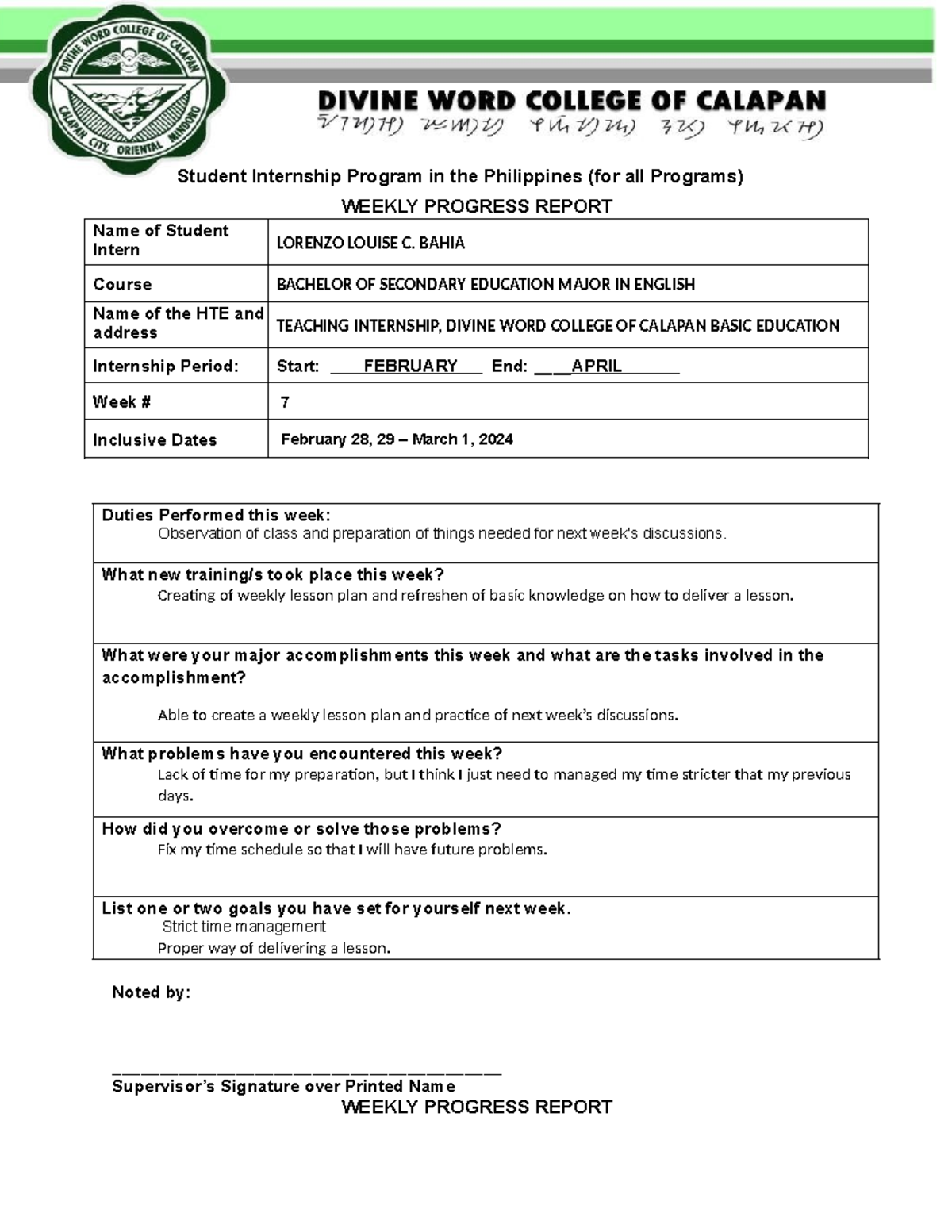 Weekly Progress Report - WEEKLY PROGRESS REPORT Name of Student Intern ...