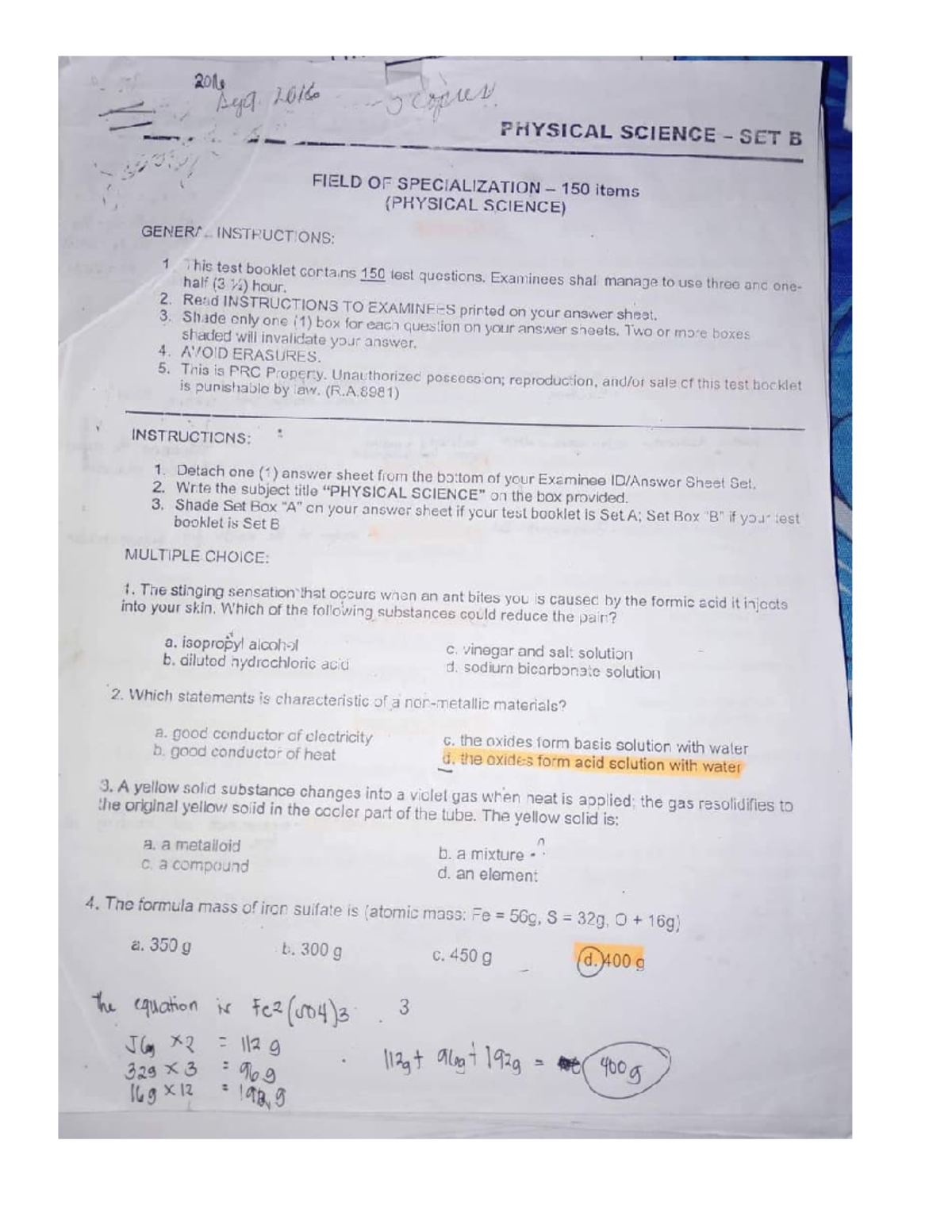 2016 Physical Science Board Exam - Physical education - Studocu