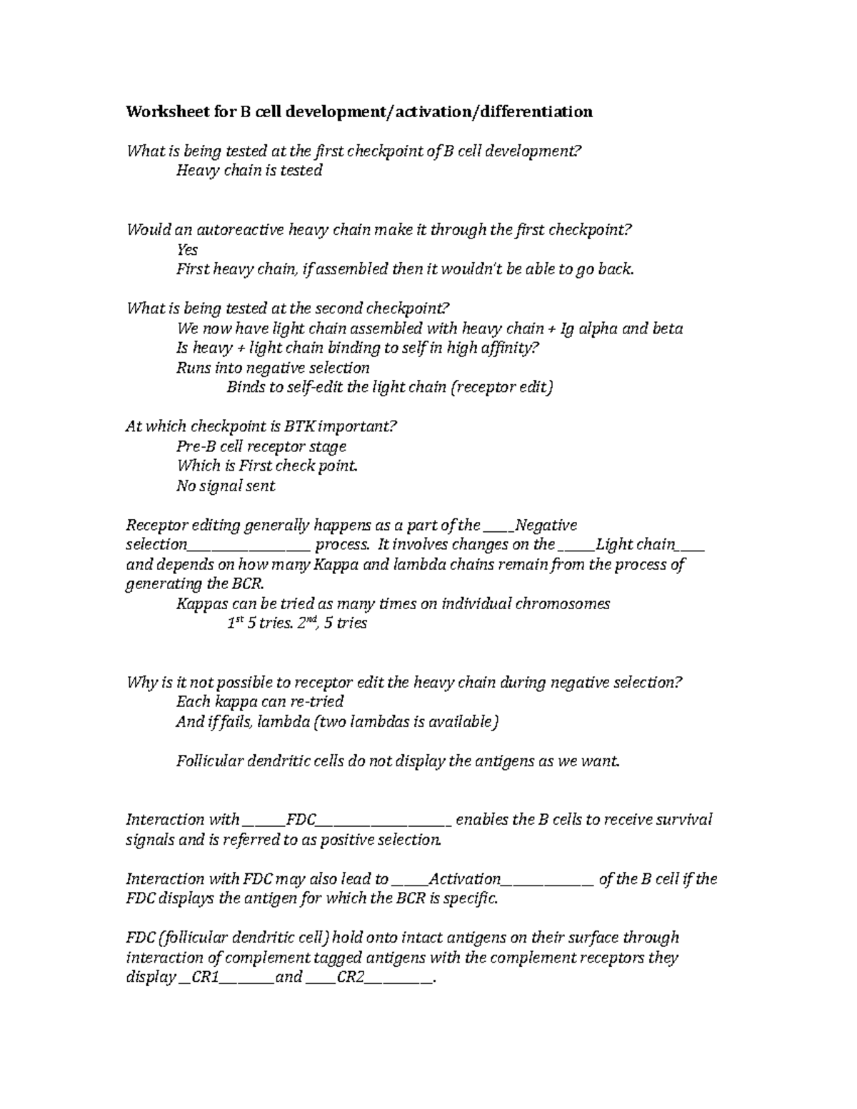 Worksheet for B cell devel, act, diff - Worksheet for B cell ...