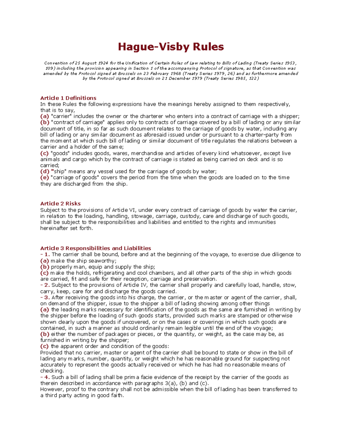 Hague Visby Rules - International - Hague-Visby Rules Convention of 25 ...