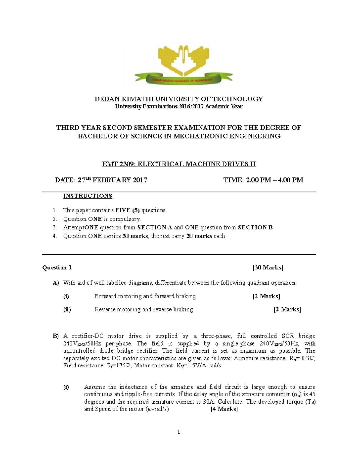 EMT 2309 Electrical Machine Drives II QP Printready - Copy - DEDAN KIMATHI UNIVERSITY OF ...