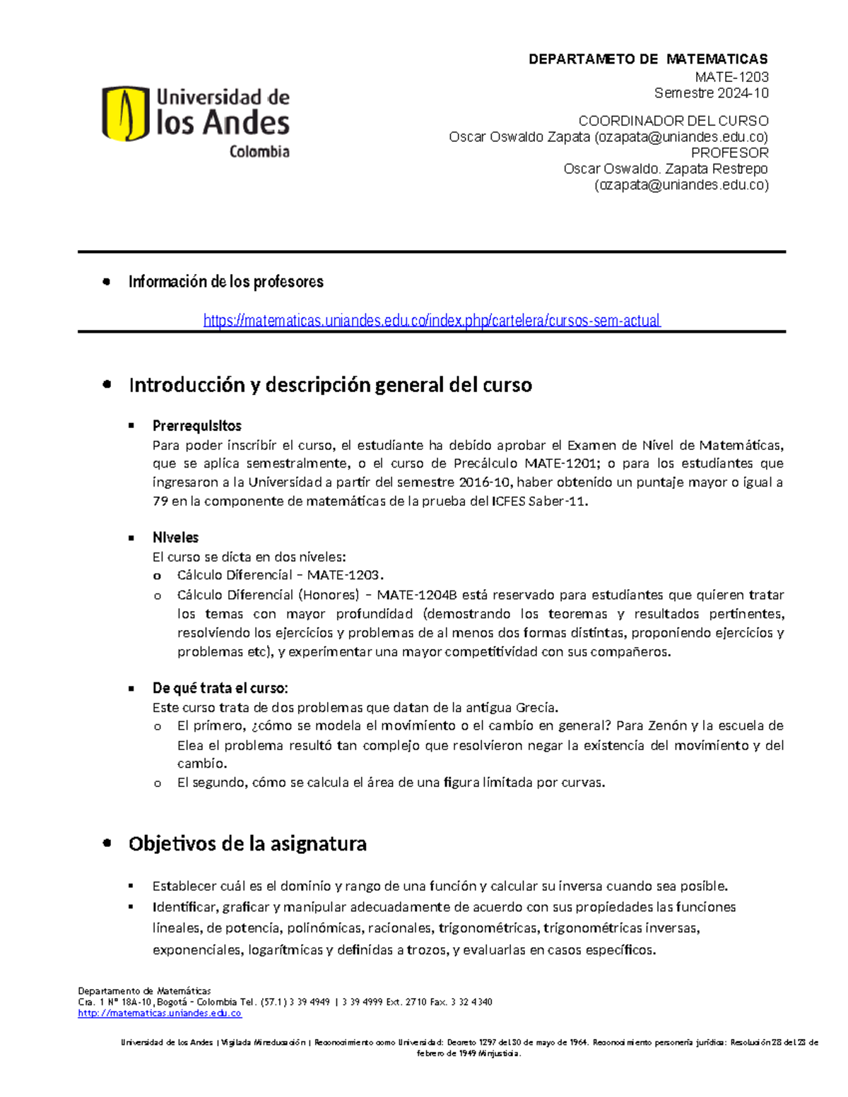 Programa MATE 1203 - Una vista previa o de requisitos para prepararse ...